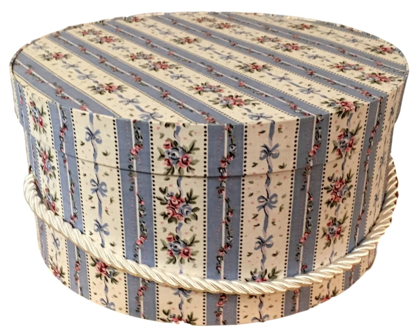 Hat Box In Blue Floral Stripe Large Decorative Fabric Covered Hat