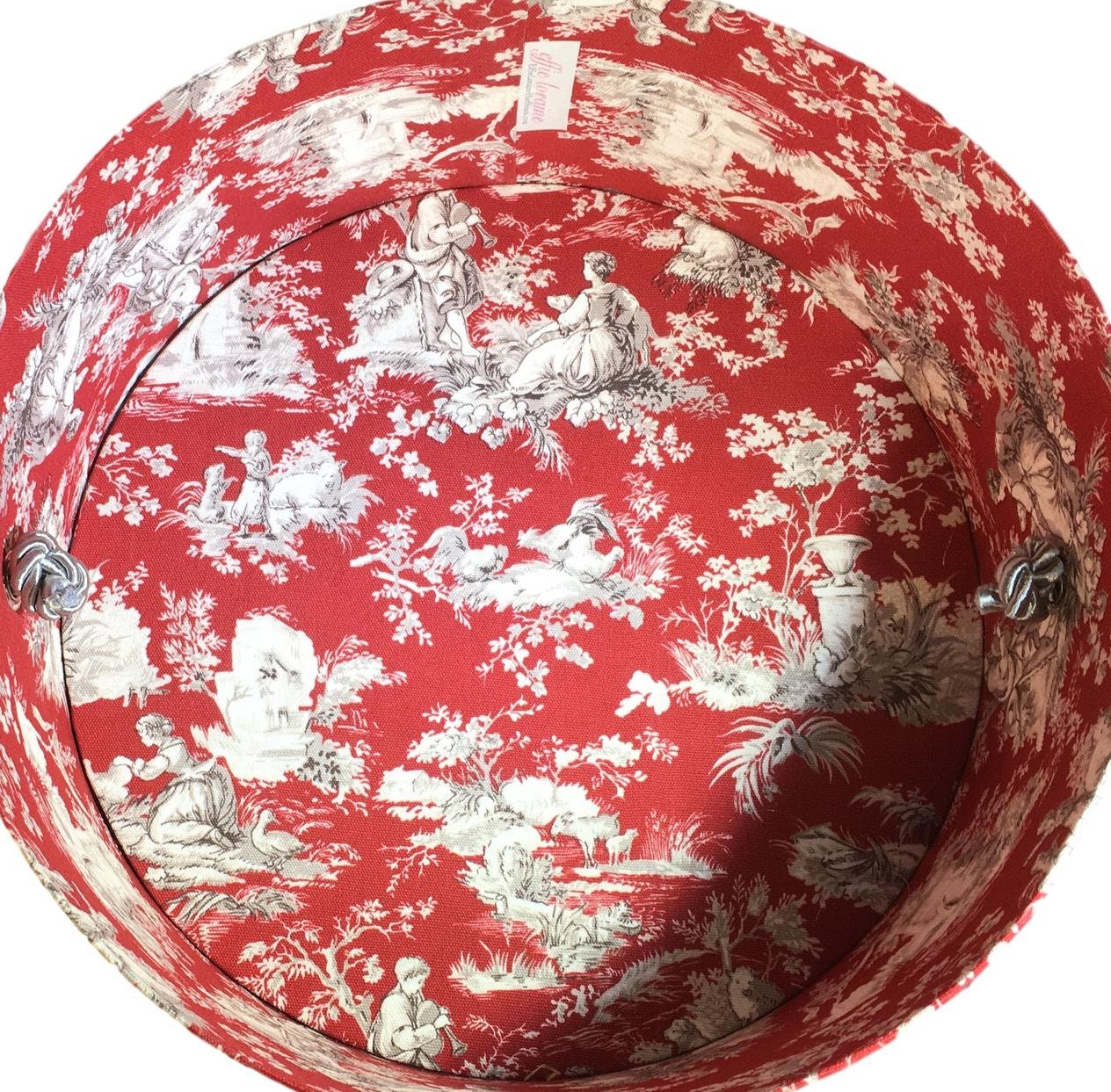 14” Hat Box in Red and Grey Toile Fabric