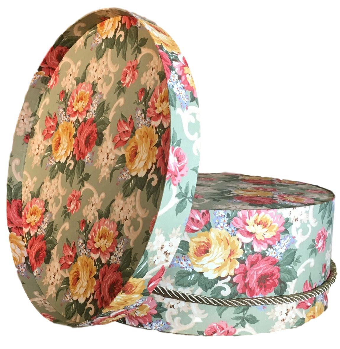 Large 15” Hat Box in Vintage Green Floral Fabric