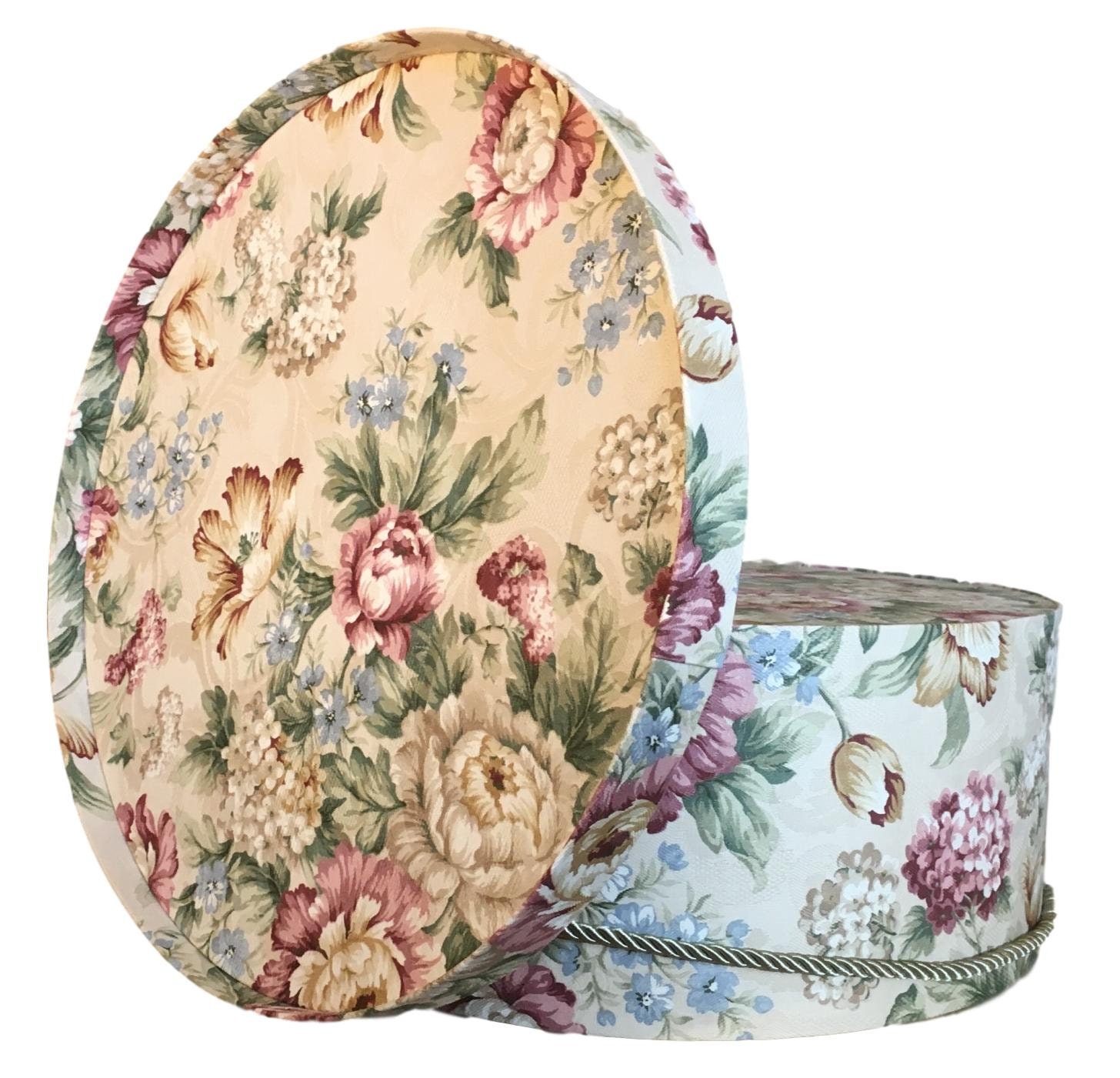 Extra Large 19” Hat Box in Floral on Tan Fabric
