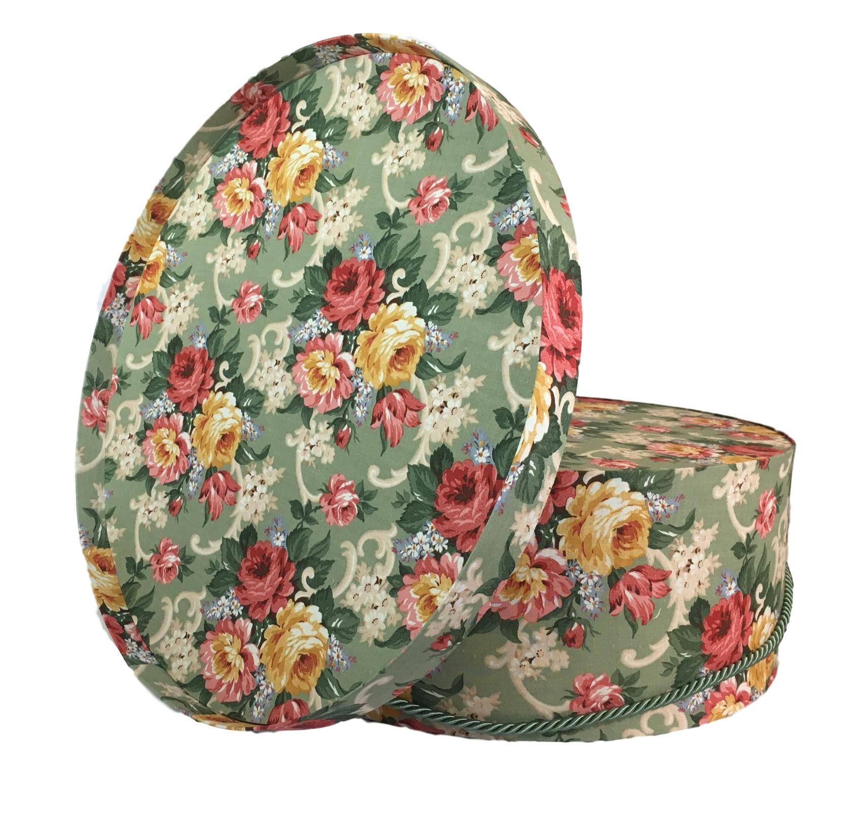 Large 15” Hat Box in Green Floral Scroll Fabric