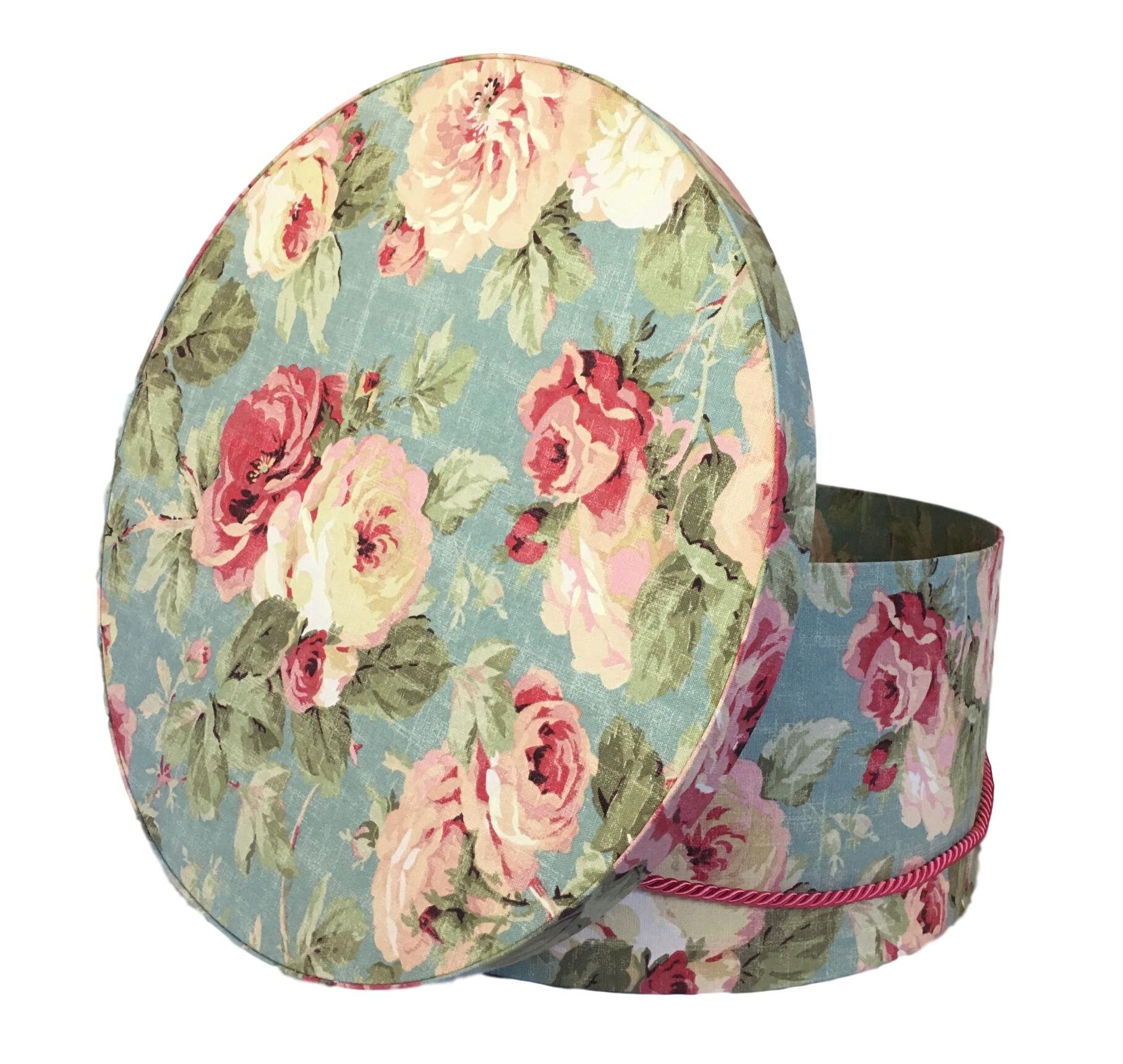 Extra Large 19” Hat Box in Pink Roses on Blue Fabric