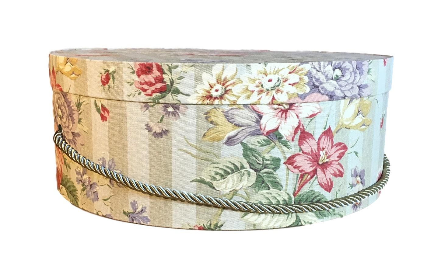 Large 17” Hat Box in Tan Stripe with Colorful Floral Fabric