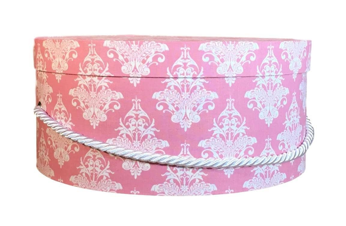 14” Hat Box in Pink and White Damask Fabric