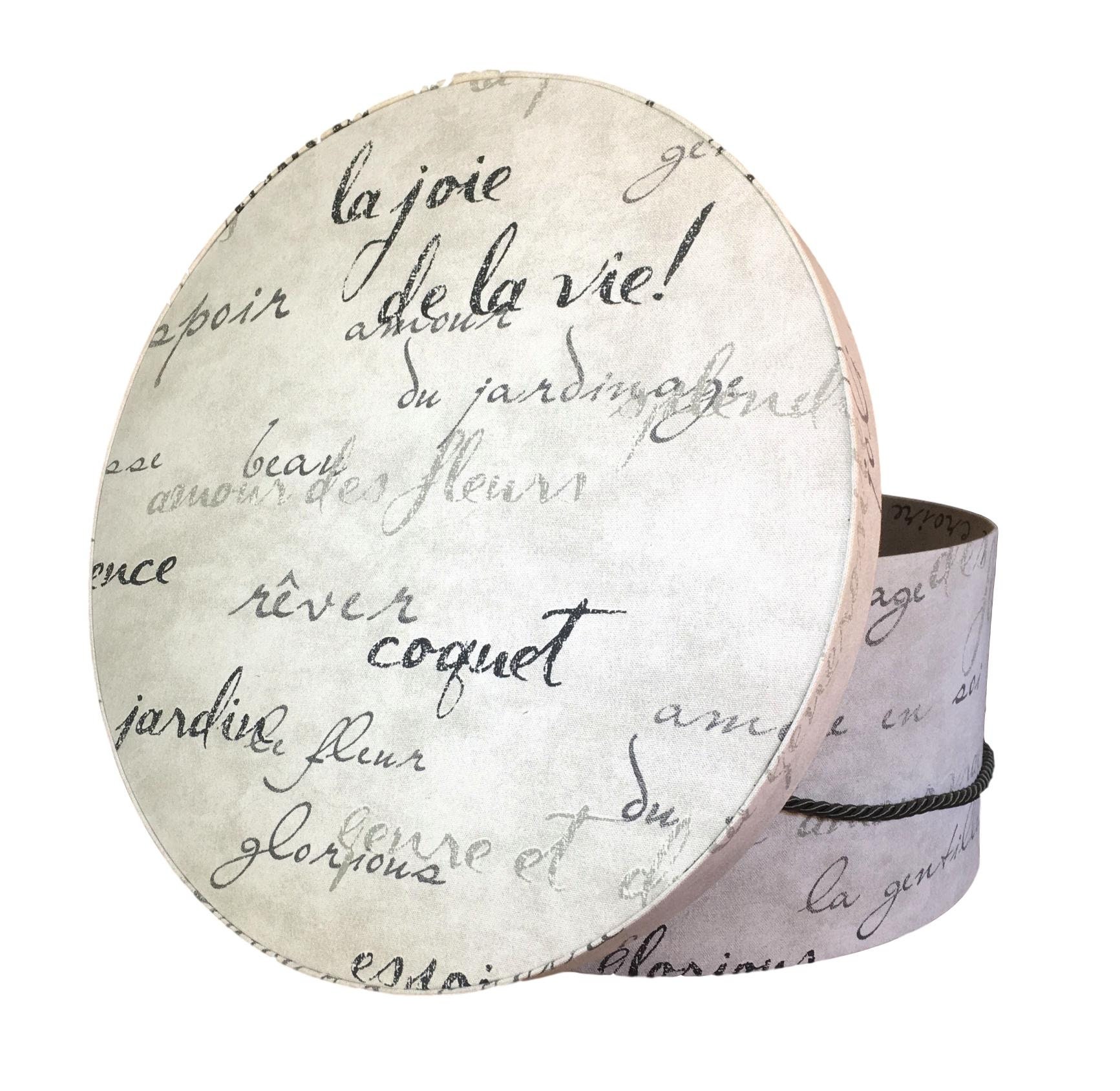 Large 17” Hat Box in Grey with French Quotes Fabric