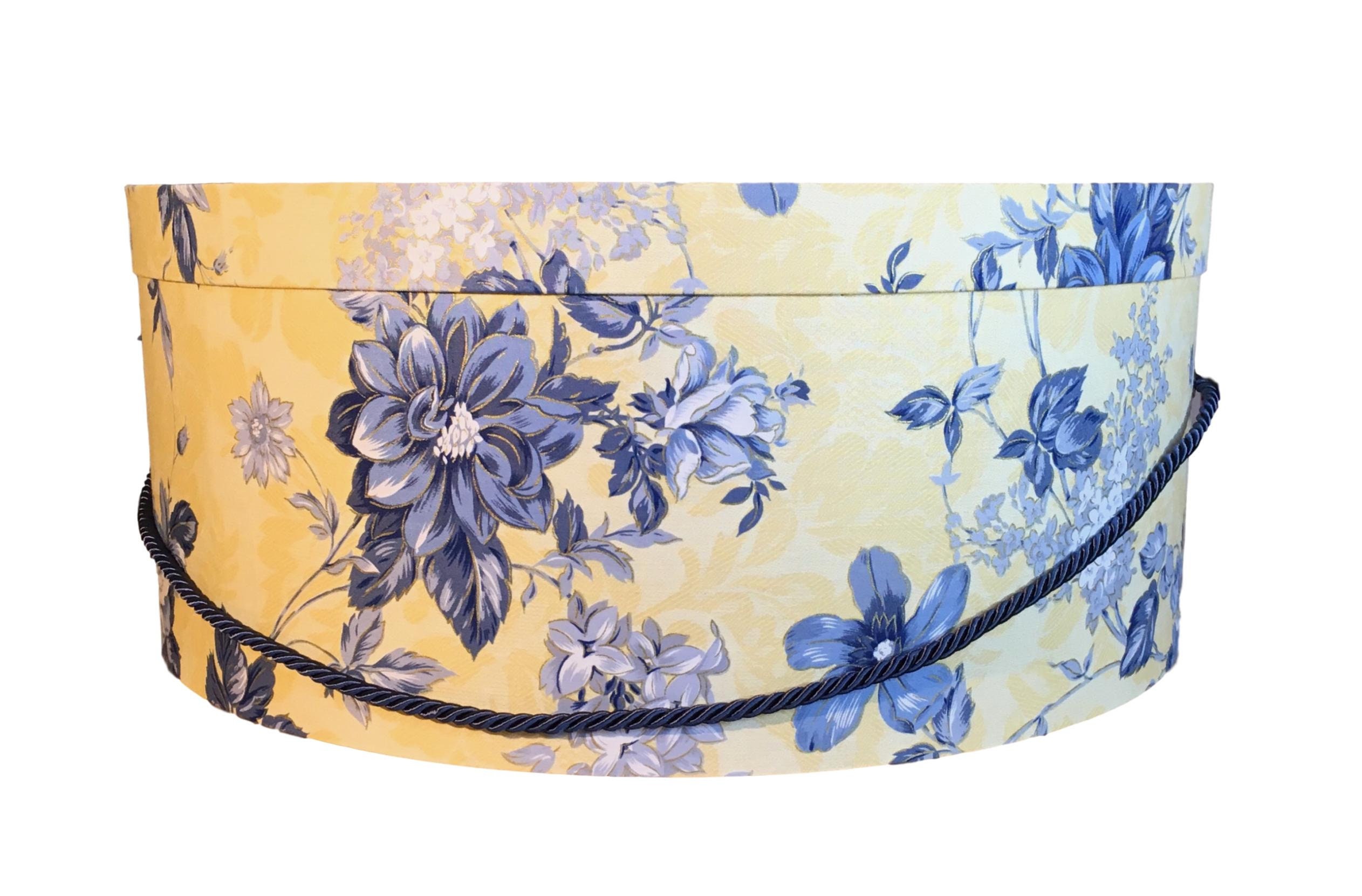 Extra Large 18” Hat Box in Yellow and Blue Floral Fabric