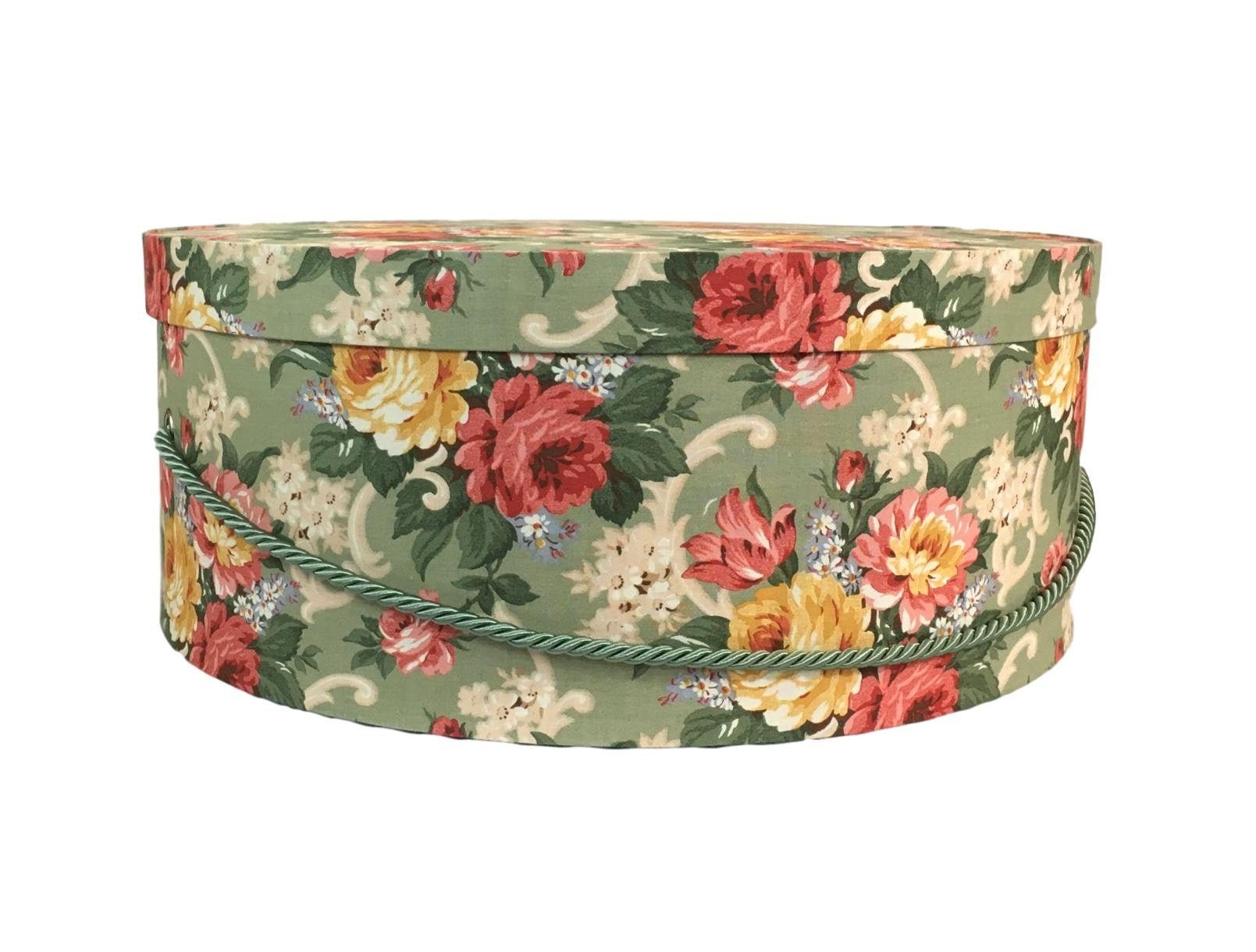 Large 15” Hat Box in Green Floral Scroll Fabric