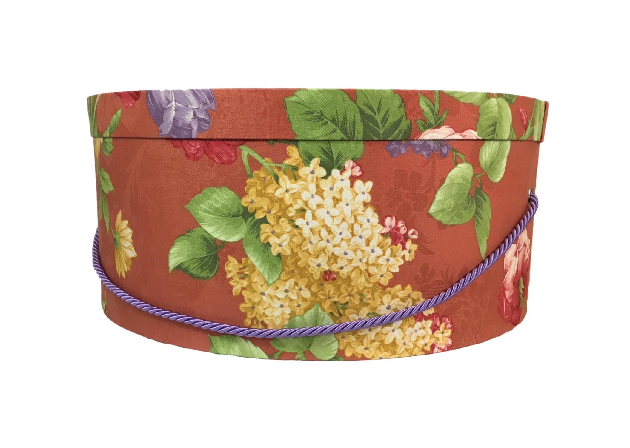 18” Hat Box in Multicolor Floral on Orange Fabric