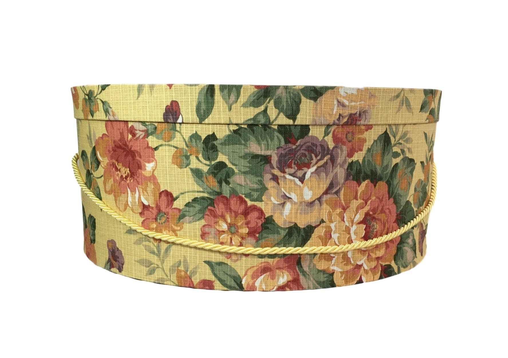 Extra Large 19” Hat Box in Multicolor Floral on Golden Yellow Fabric