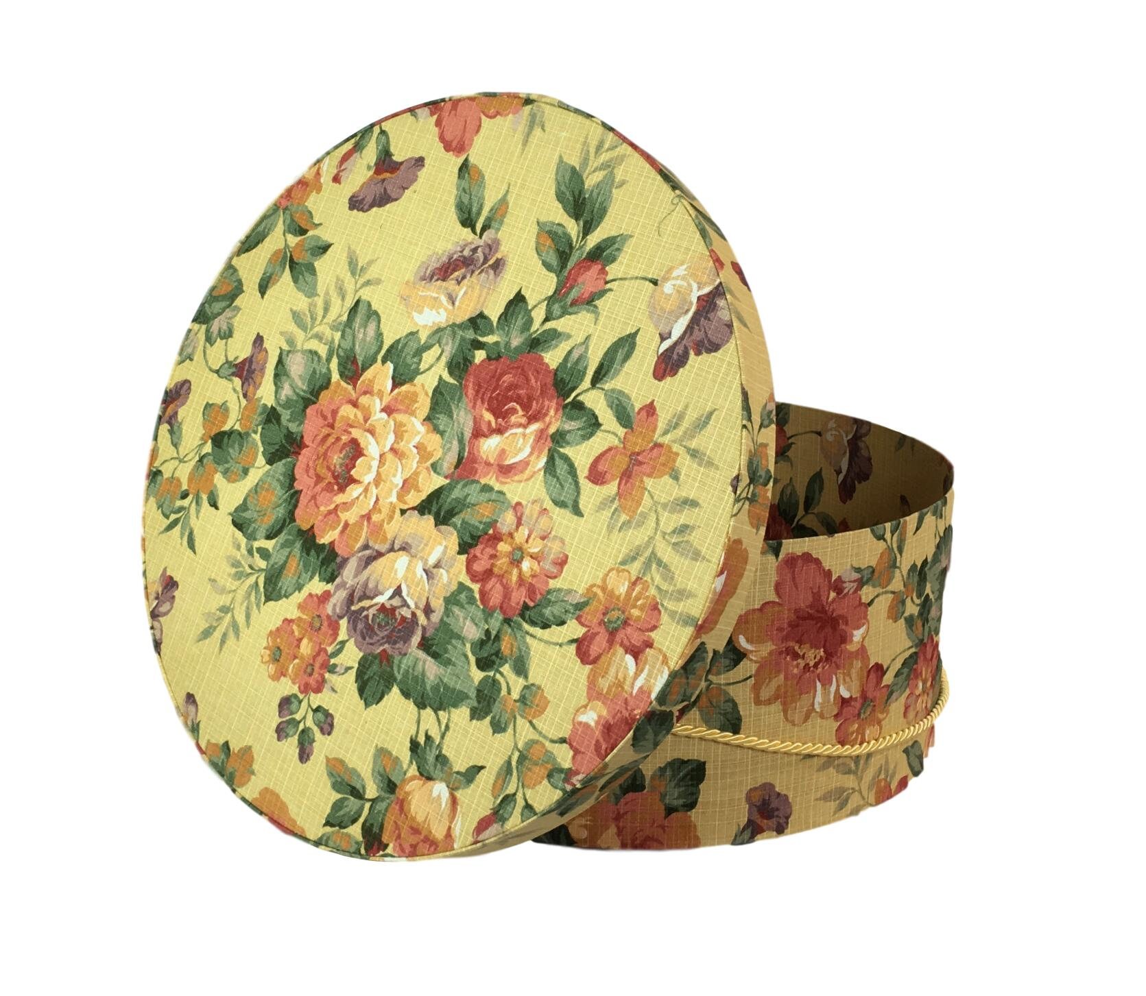 Extra Large 19” Hat Box in Multicolor Floral on Golden Yellow Fabric