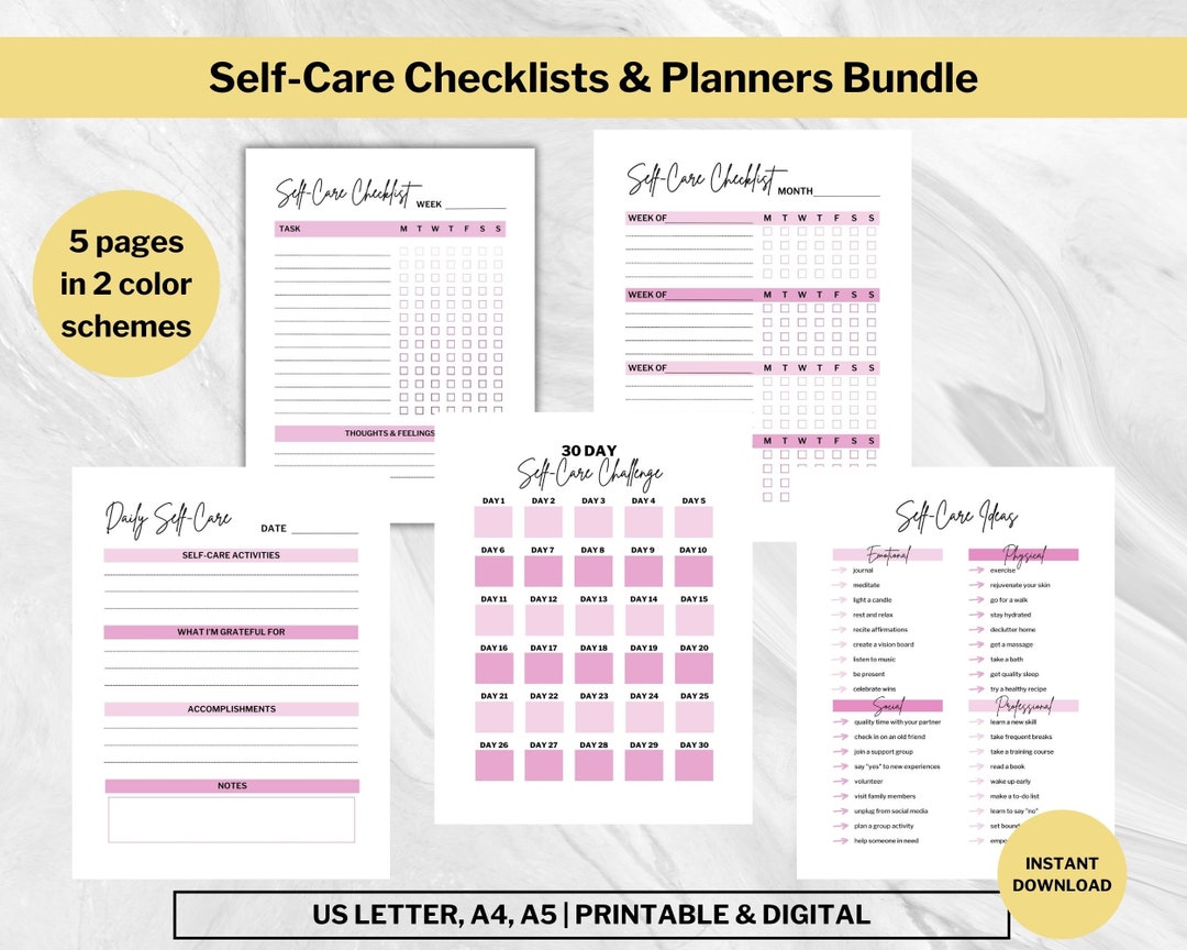 Self Care Checklist Planner Tracker Kit Bundle, Printable, Daily Weekly ...