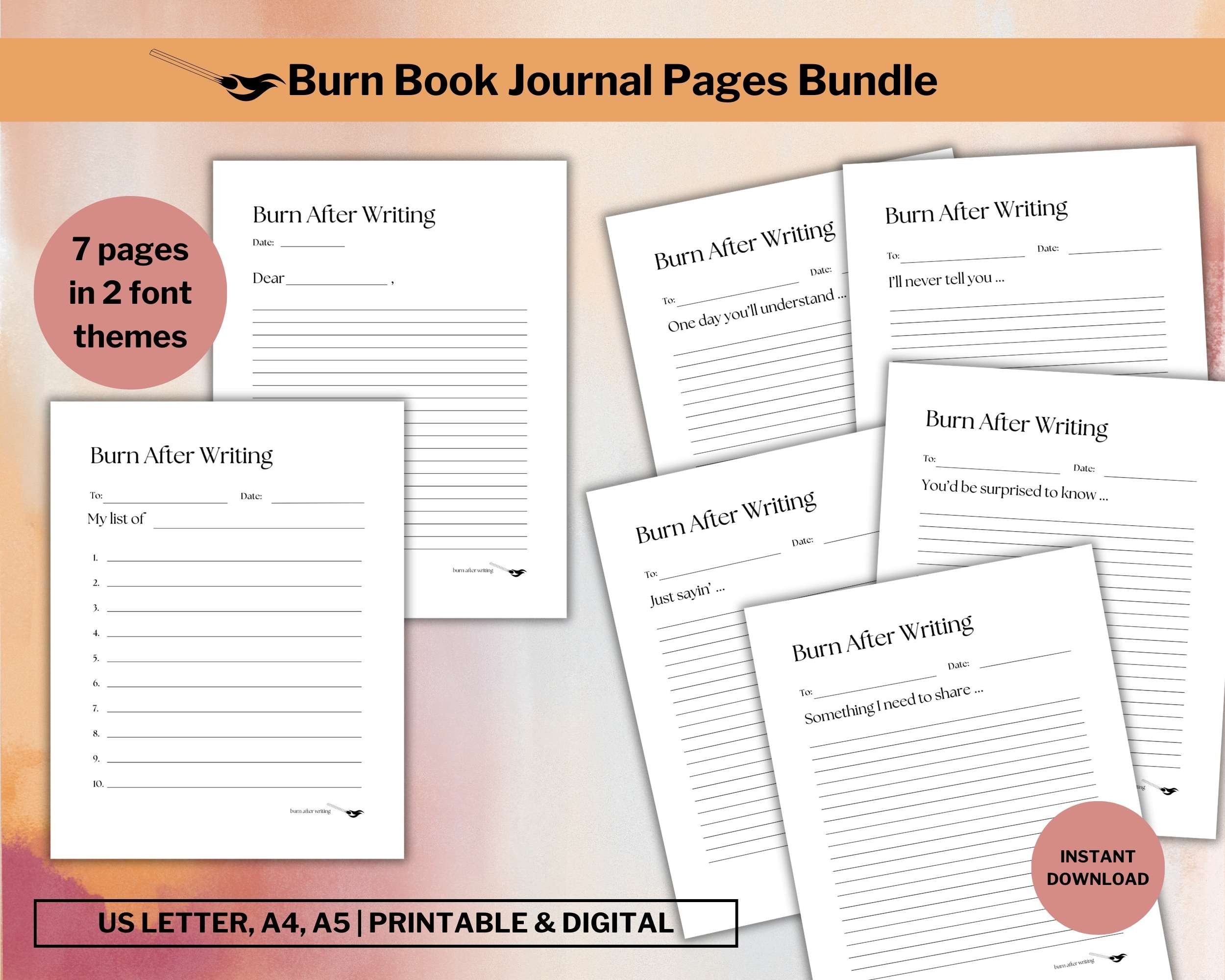 Burn Book Journal Pages Bundle, Printable Digital Download, Stress ...