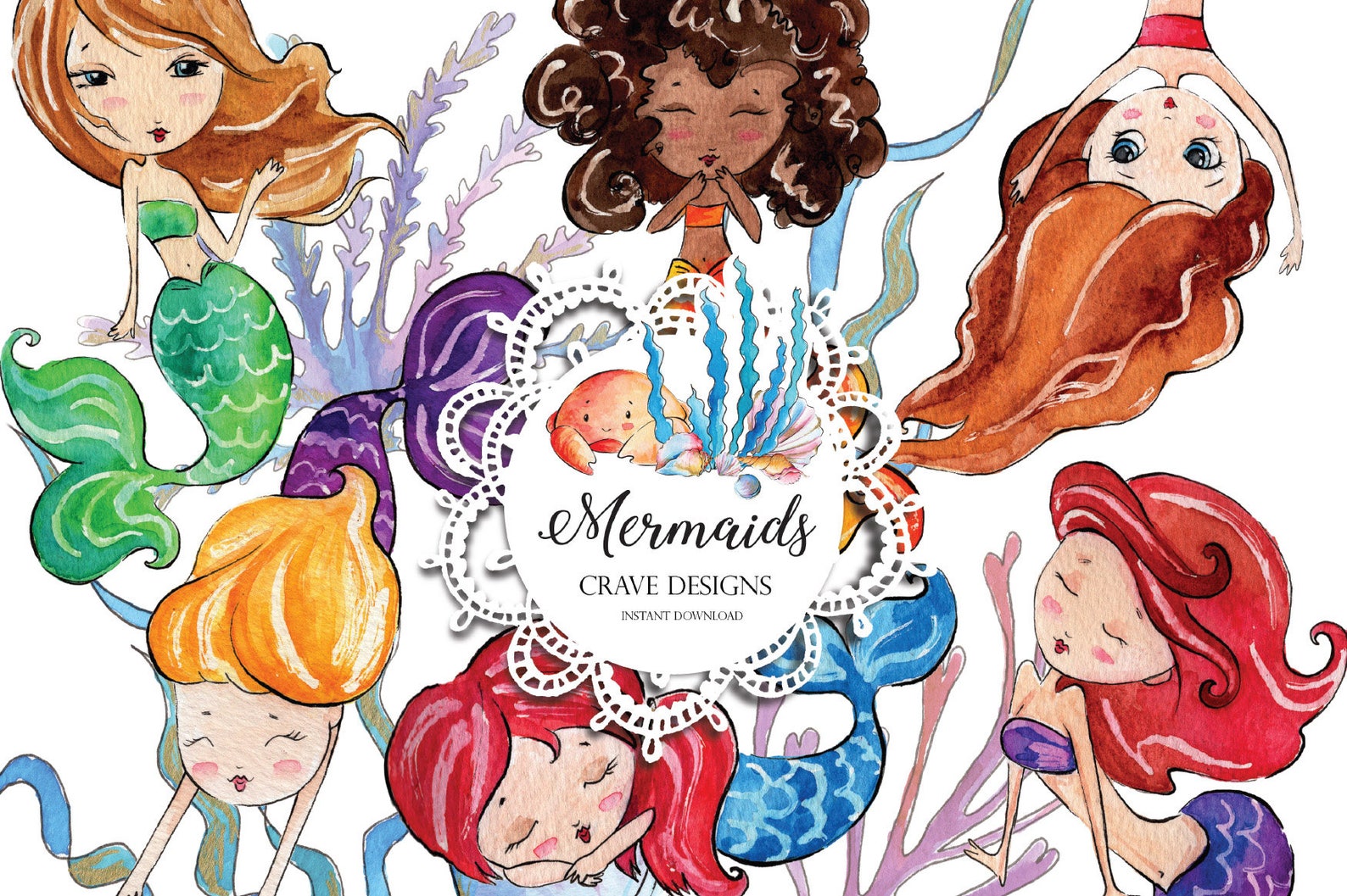 Watercolor Mermaids Clip Art Ocean Life Clip Art Summer Clip - Etsy