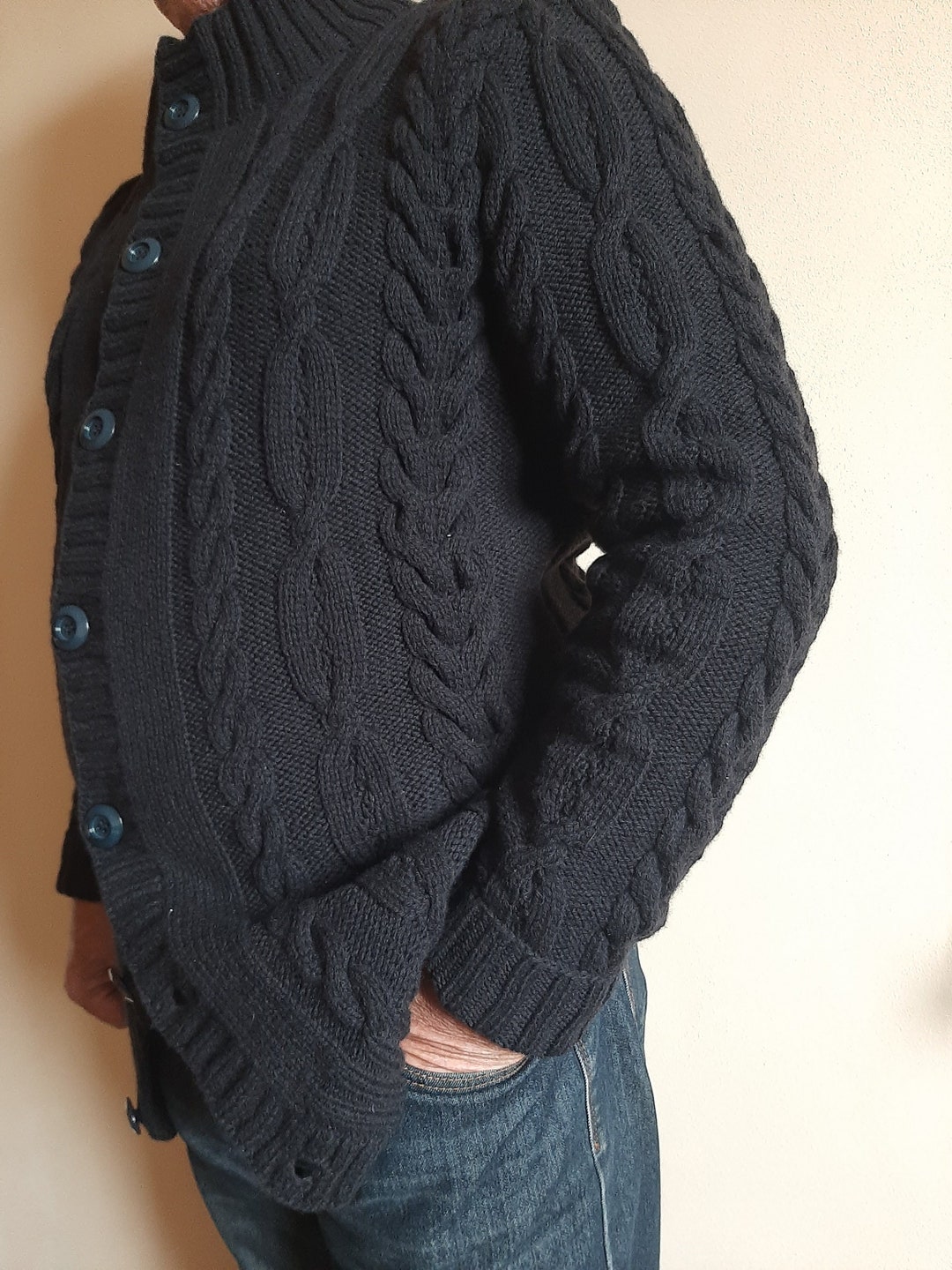 Hand Knit/handmade Warm Black Wool Blend Cable Men's Sweater/cardigan ...