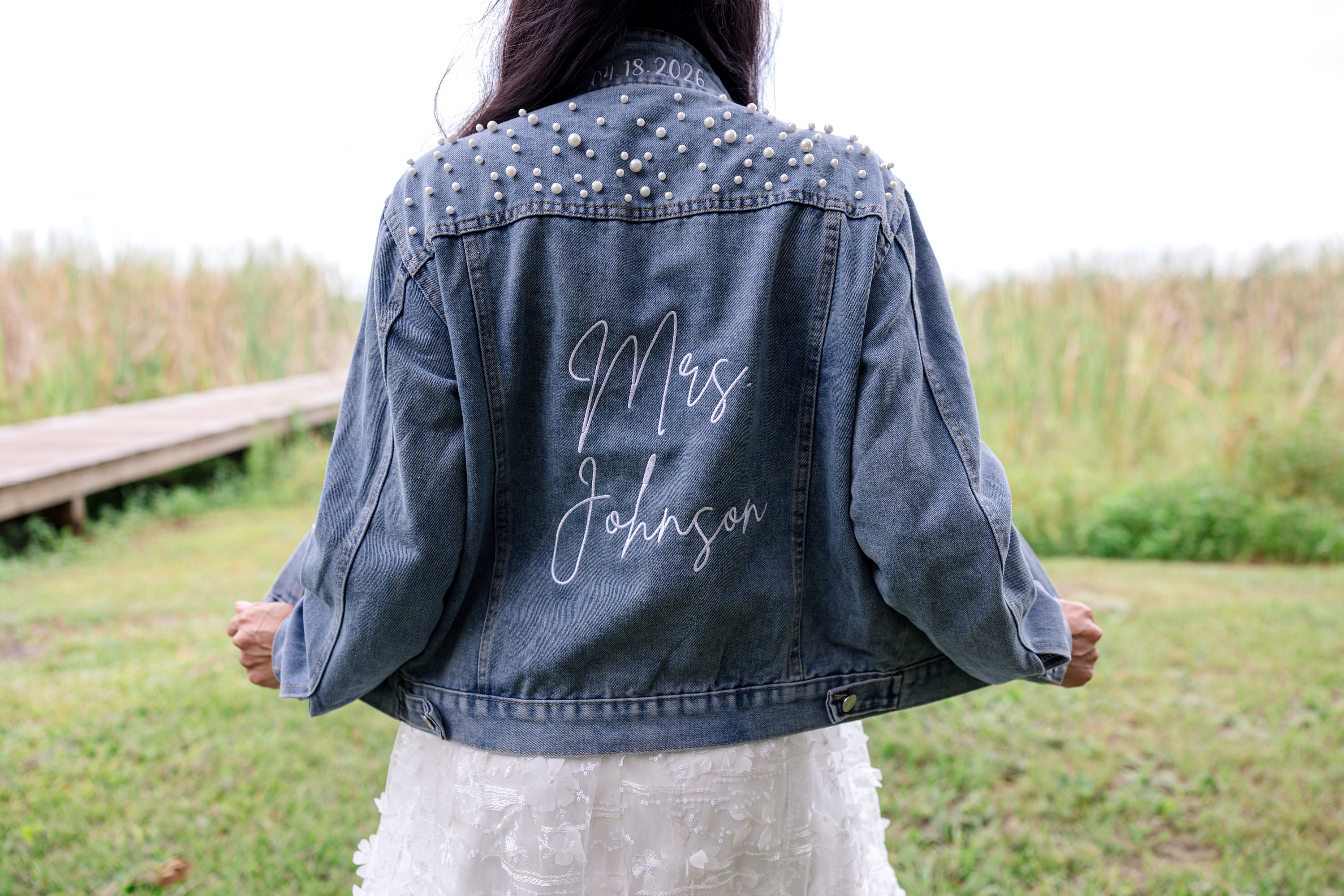 Embroidered Bridal Pearly Denim Jacket, Mrs. Wedding Jean Jacket ...