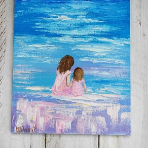 Mom with daughter Miniature painting Original oil canvas Beach | Etsy