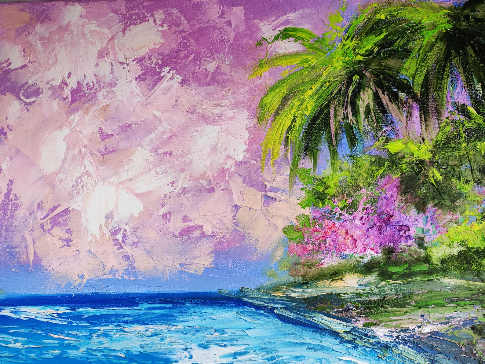 Large Impasto Ocean Beach Palms, Abstract Blue Original Oil Painting ...