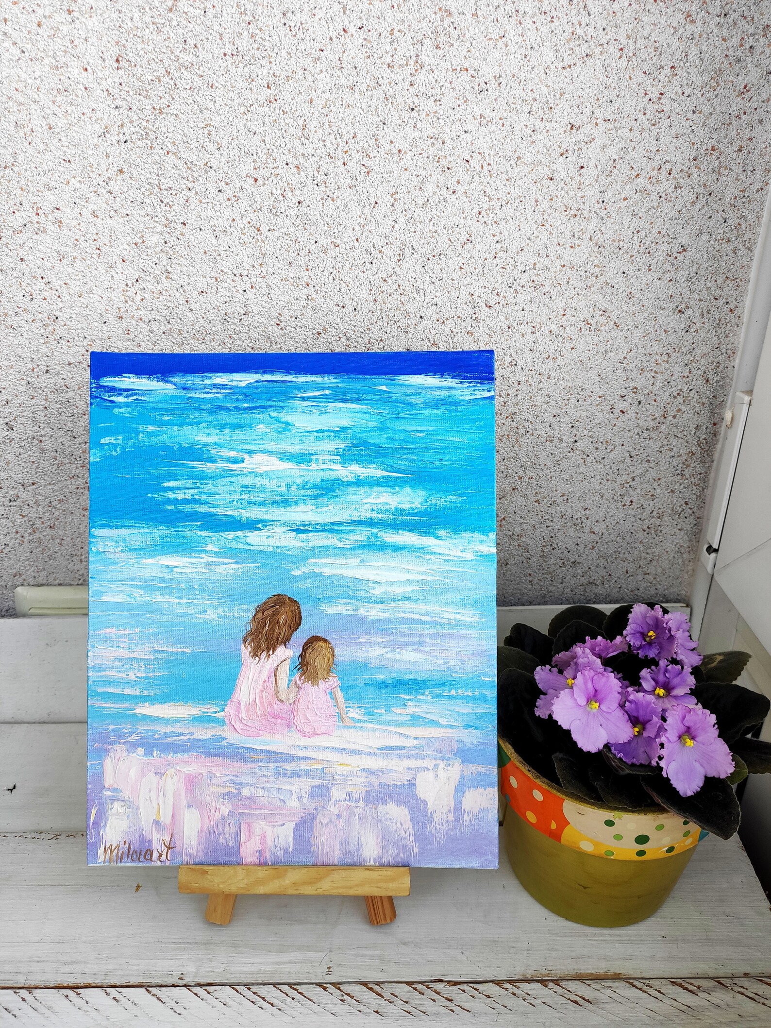 Mom with daughter Miniature painting Original oil canvas Beach | Etsy