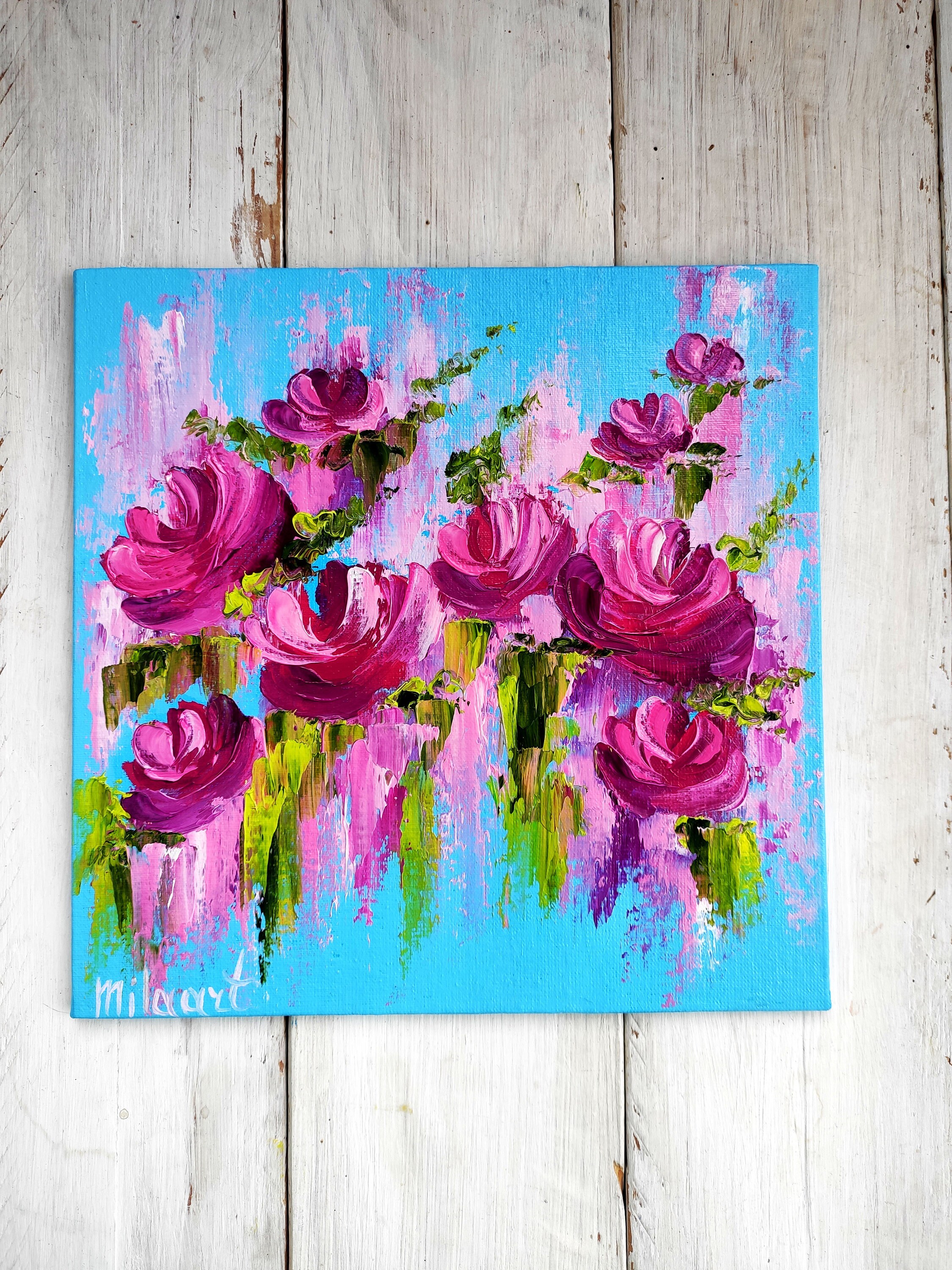 Pink Rose Flowers Art Original Oil Painting Blossom Floral | Etsy