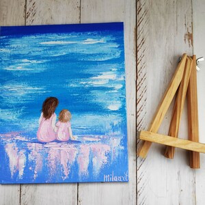 Mom With Daughter Miniature Painting Original Oil Canvas Beach ...
