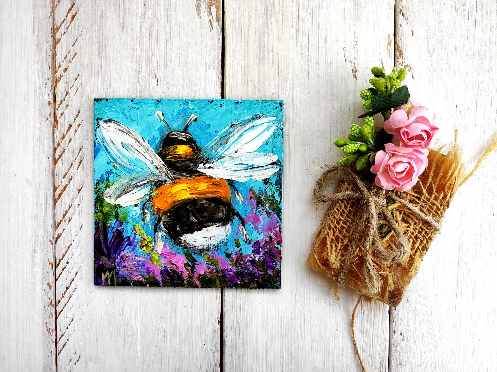 Bumblebee painting tiny artwork insect original art impasto | Etsy