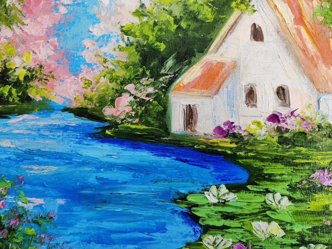 Lake House Original Oil Painting Canvas Impasto Nature | Etsy