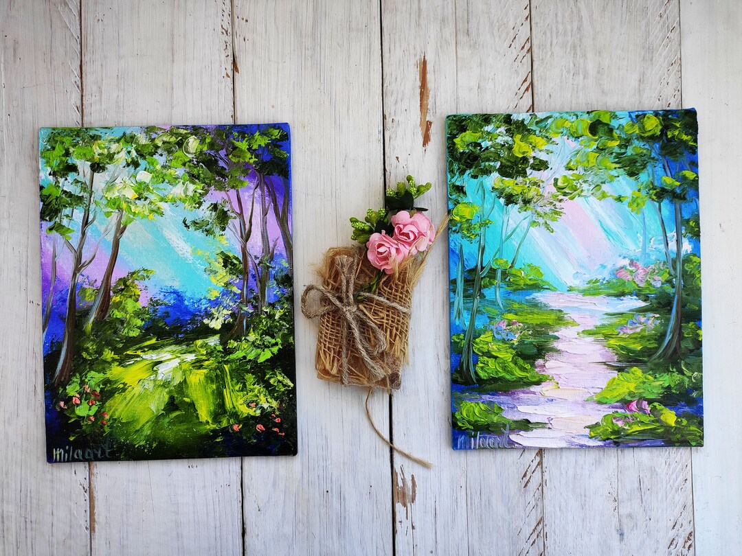 Set Small Canvas Summer Forest Original Oil Painting Impasto Forest ...