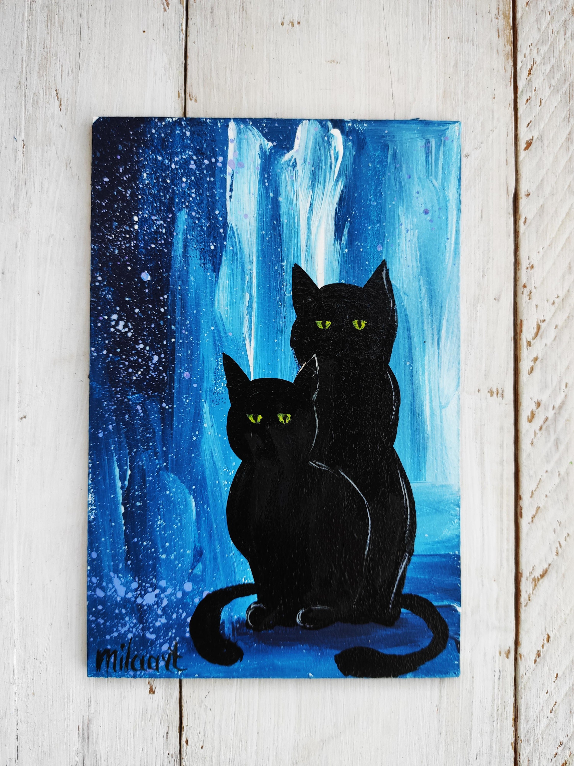 Black Cat Art Spooky Decor Small Cat Painting Original Oil - Etsy UK
