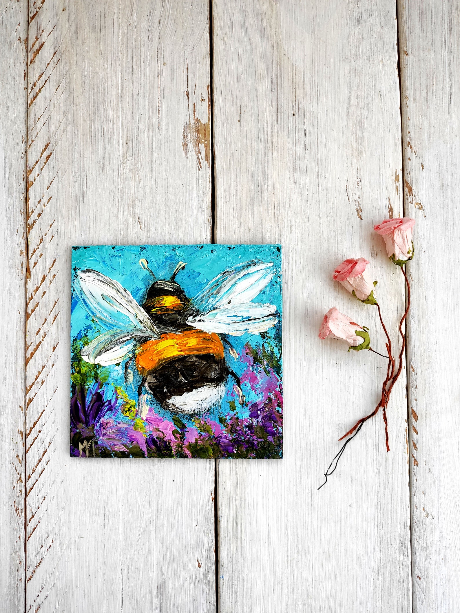 Bumblebee painting tiny artwork insect original art impasto | Etsy