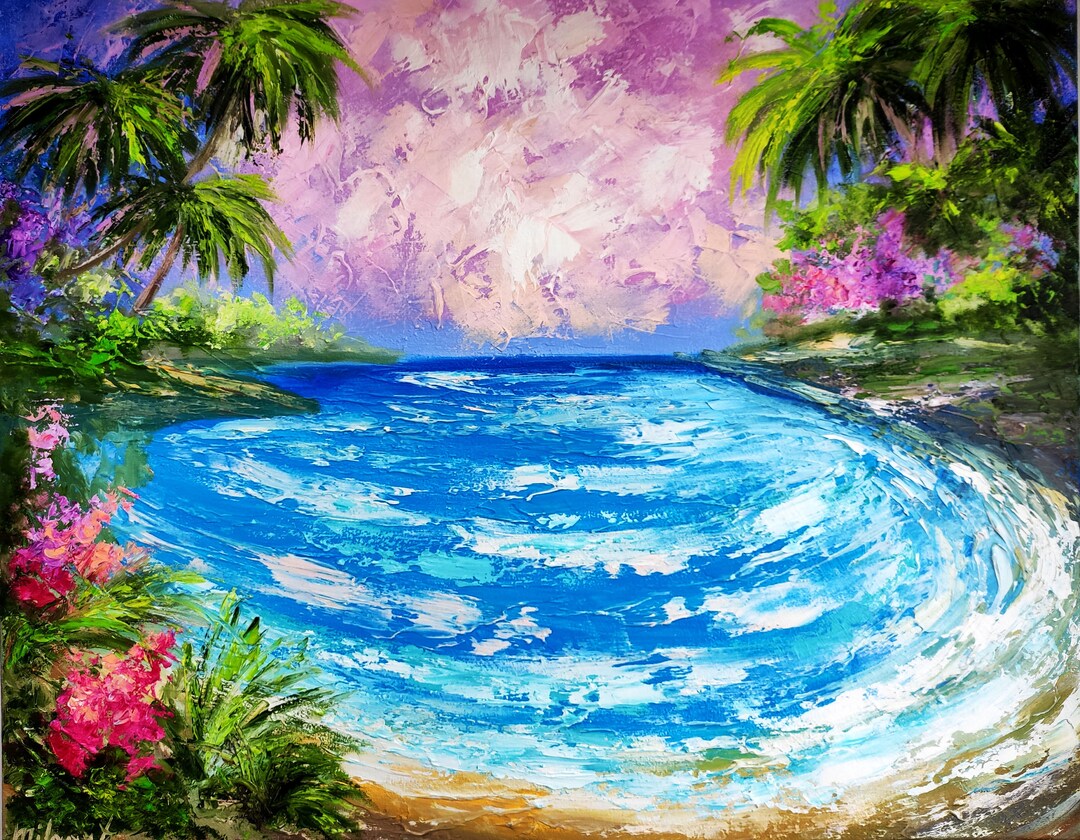 Large Impasto Ocean Beach Palms, Abstract Blue Original Oil Painting ...