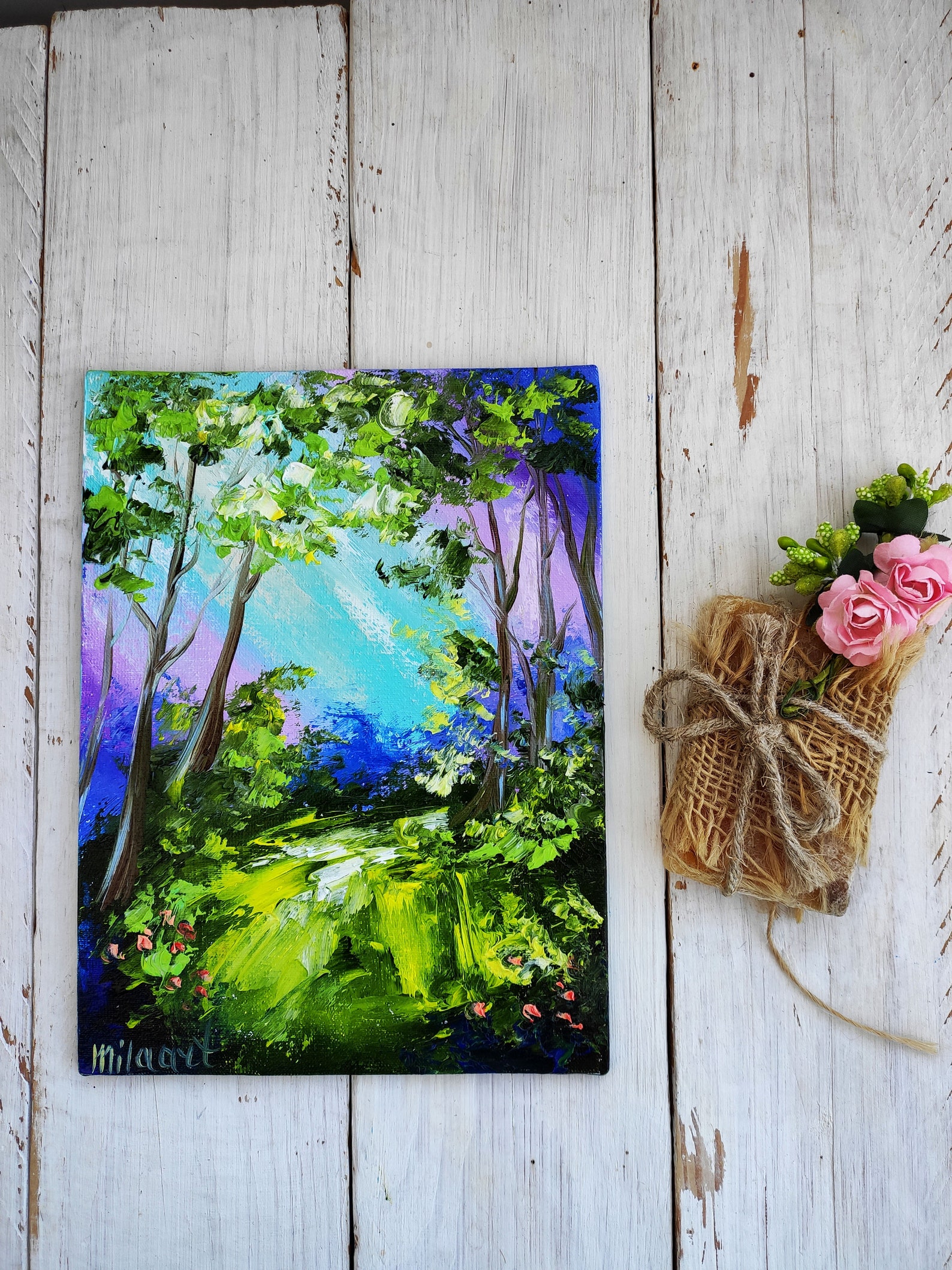 Set Small Canvas Summer Forest Original Oil Painting Impasto Forest ...
