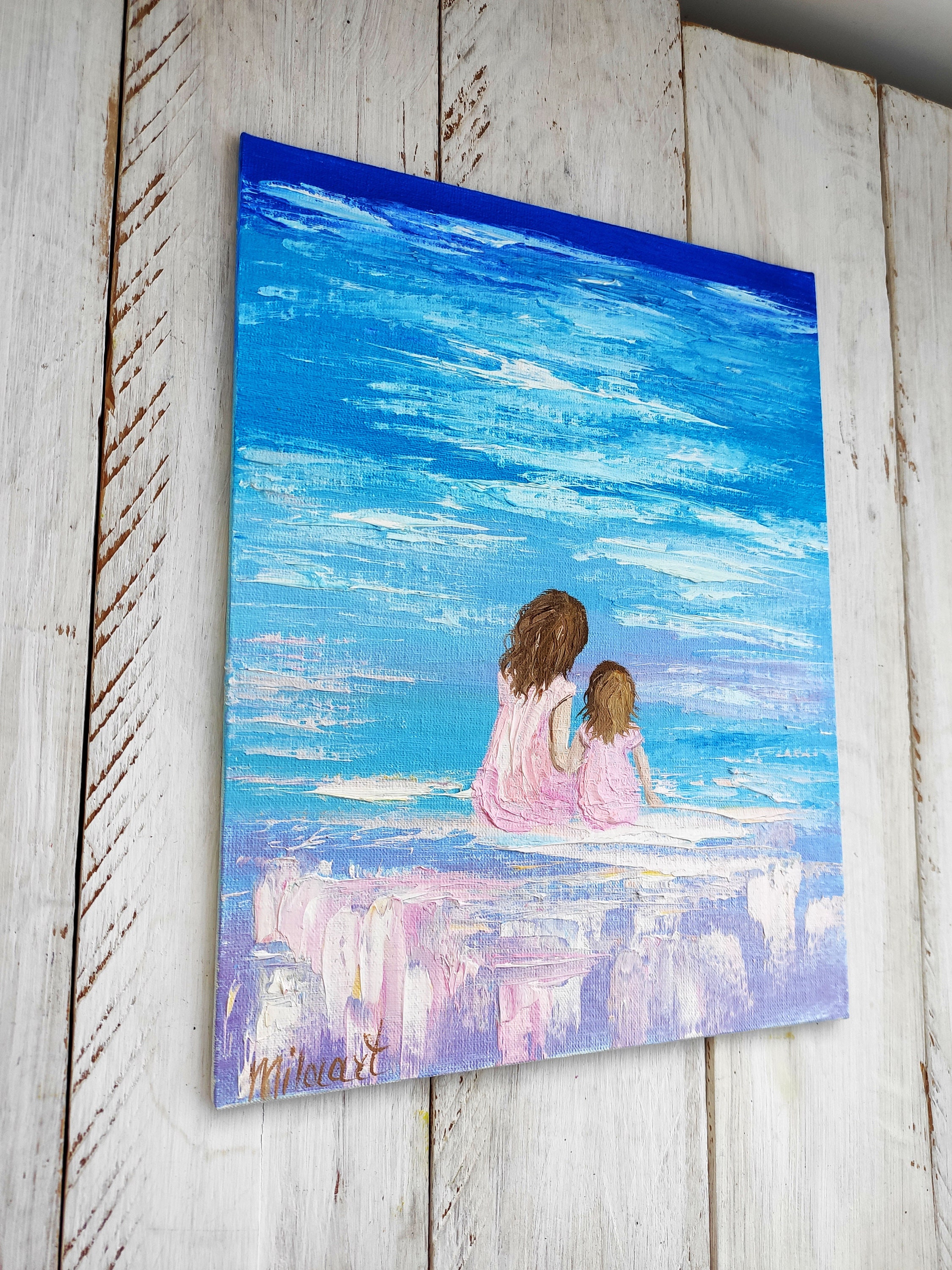 Mom with daughter Miniature painting Original oil canvas Beach | Etsy