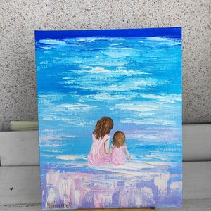 Mom with daughter Miniature painting Original oil canvas Beach | Etsy