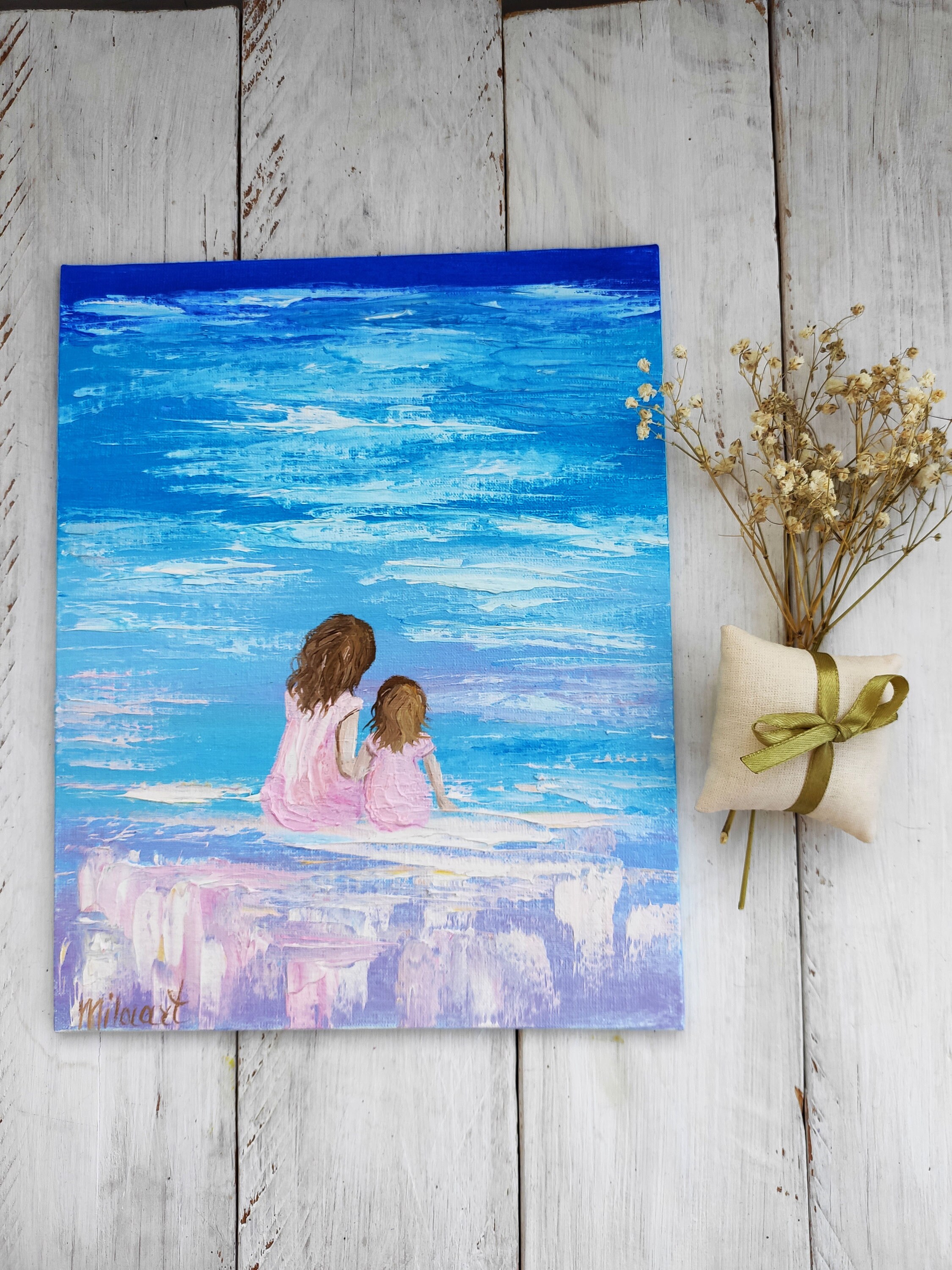 Mom with daughter Miniature painting Original oil canvas Beach | Etsy