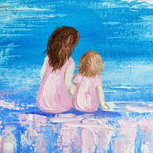 Mom With Daughter Miniature Painting Original Oil Canvas Beach ...