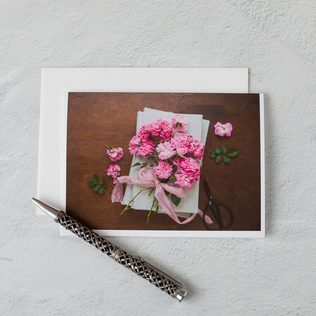 Pink Heritage Roses Note Cards Stationery, Folded, Blank Inside, White ...