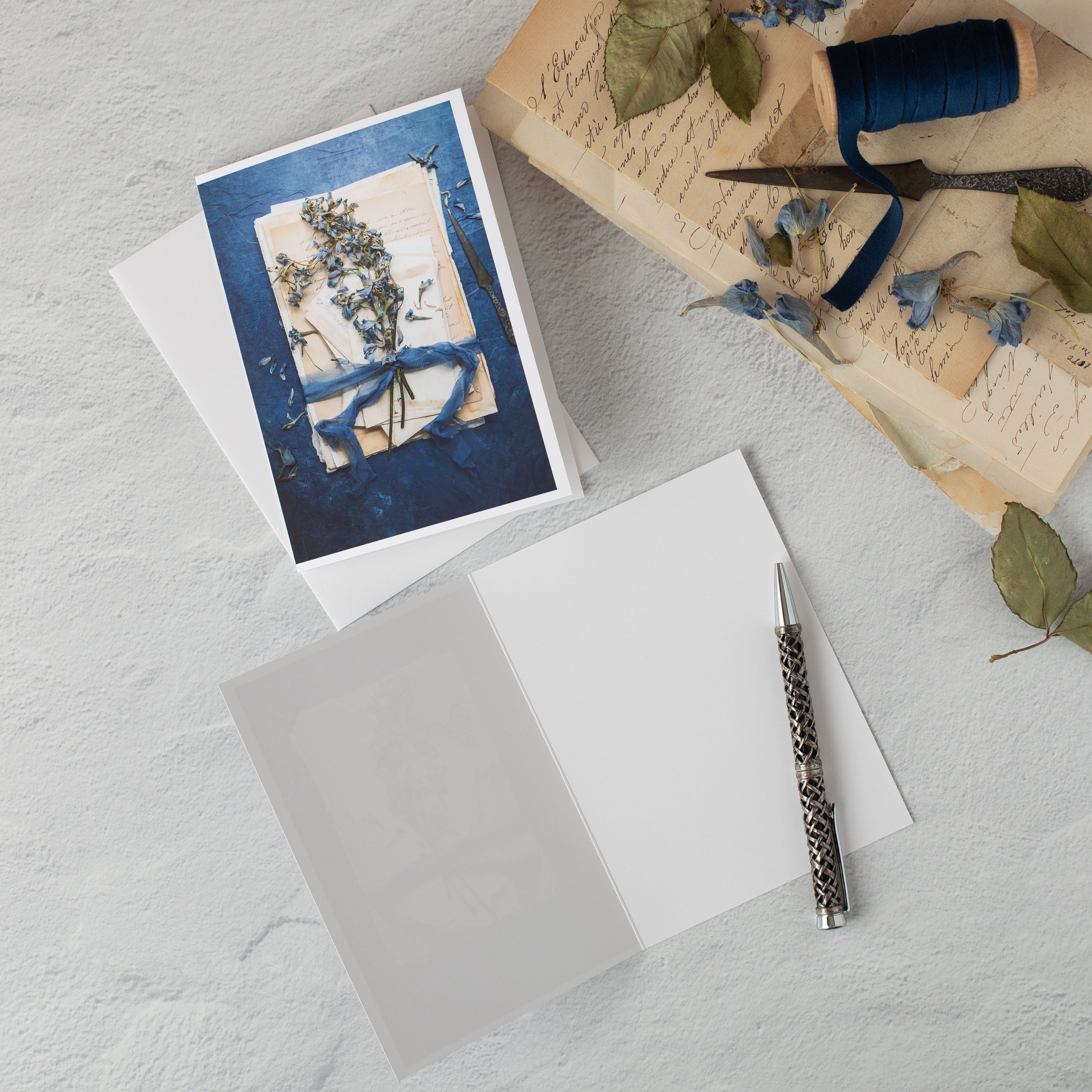Blue Flowers on Old French Letters Note Cards Stationery, Folded, Blank ...