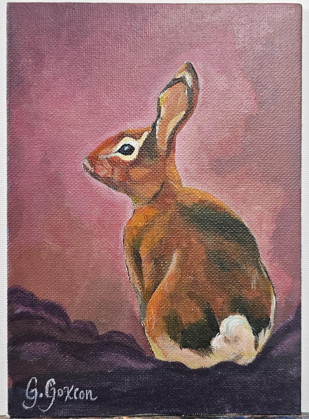 Moody Bunny Painting 5x7 Side Profile Rabbit Art Pink Purple Background ...