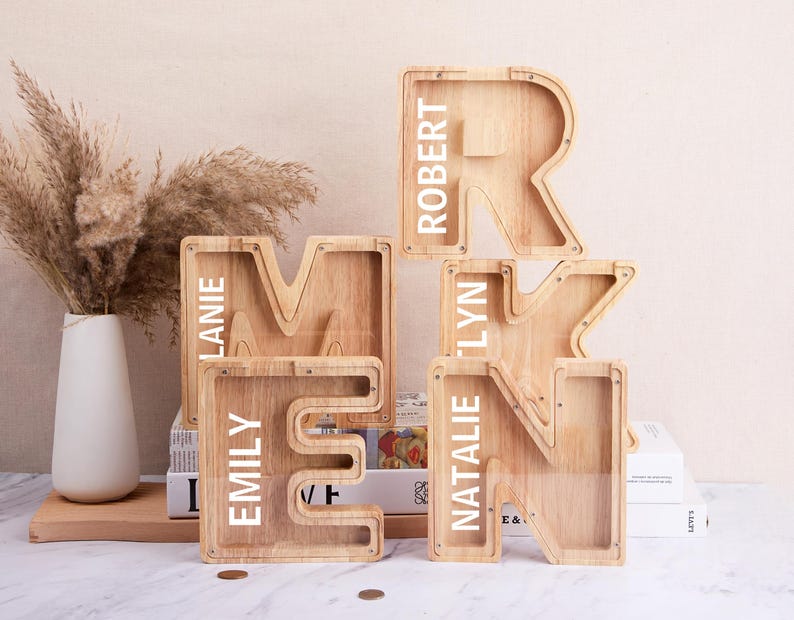 Personalized Wooden Kids Letter Piggy Bank, Custom Name Coin Bank - Etsy