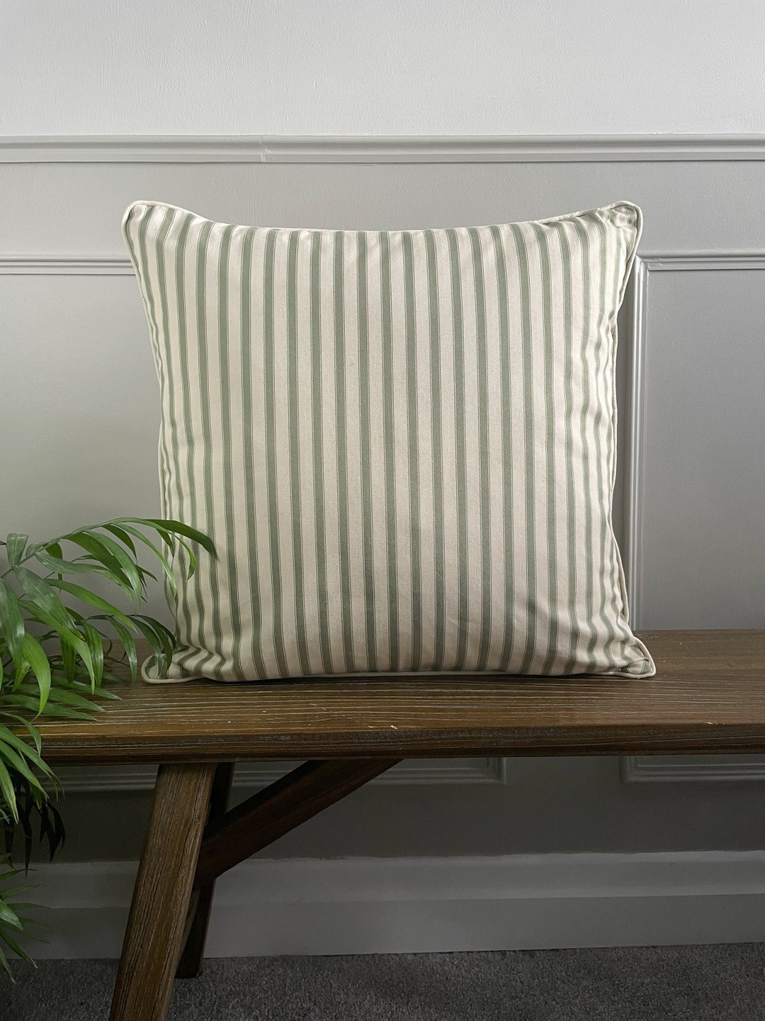 Emma - Sage Green Ian Mankin Ticking Stripe Piped Handmade Cushion ...