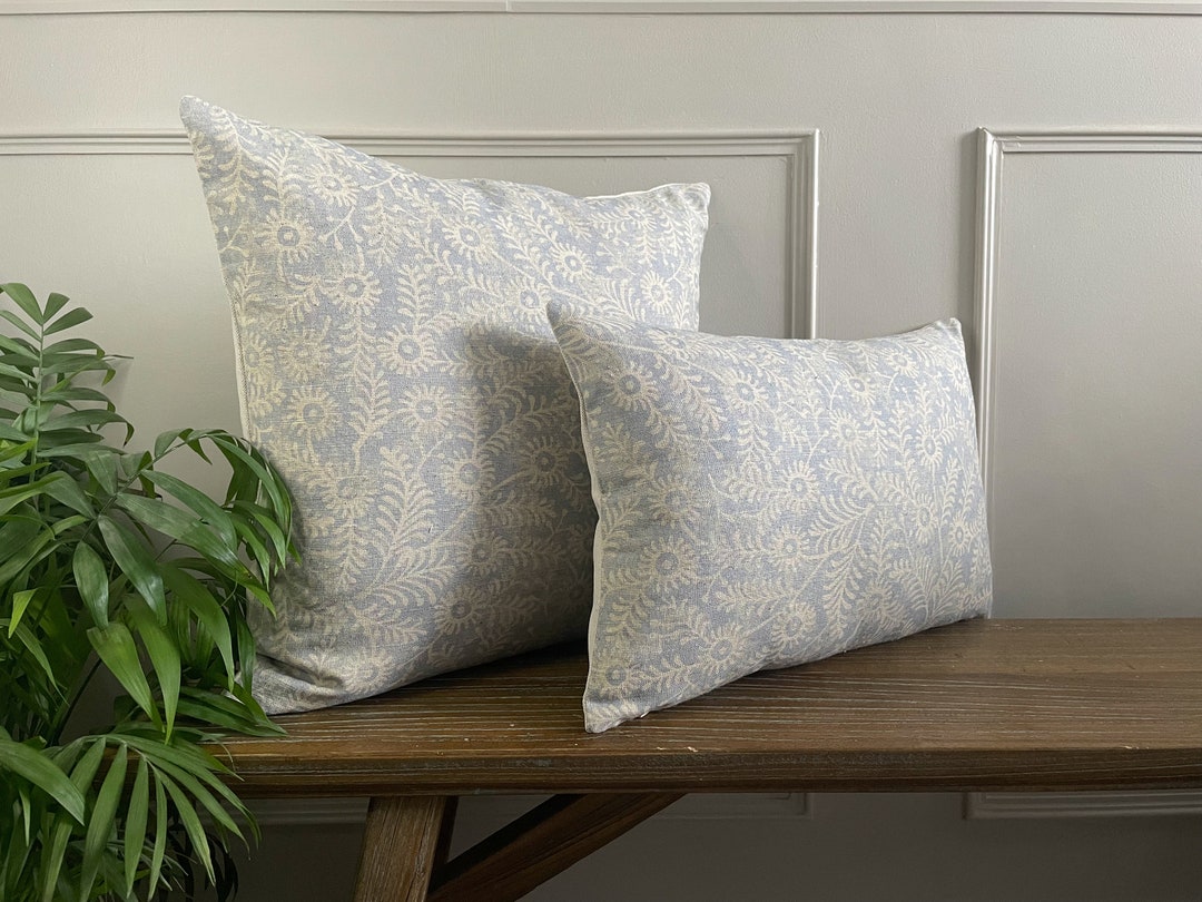 Neptune 'orla' Flax Blue Thistle Pattern Fabric Handmade Cushion Covers ...