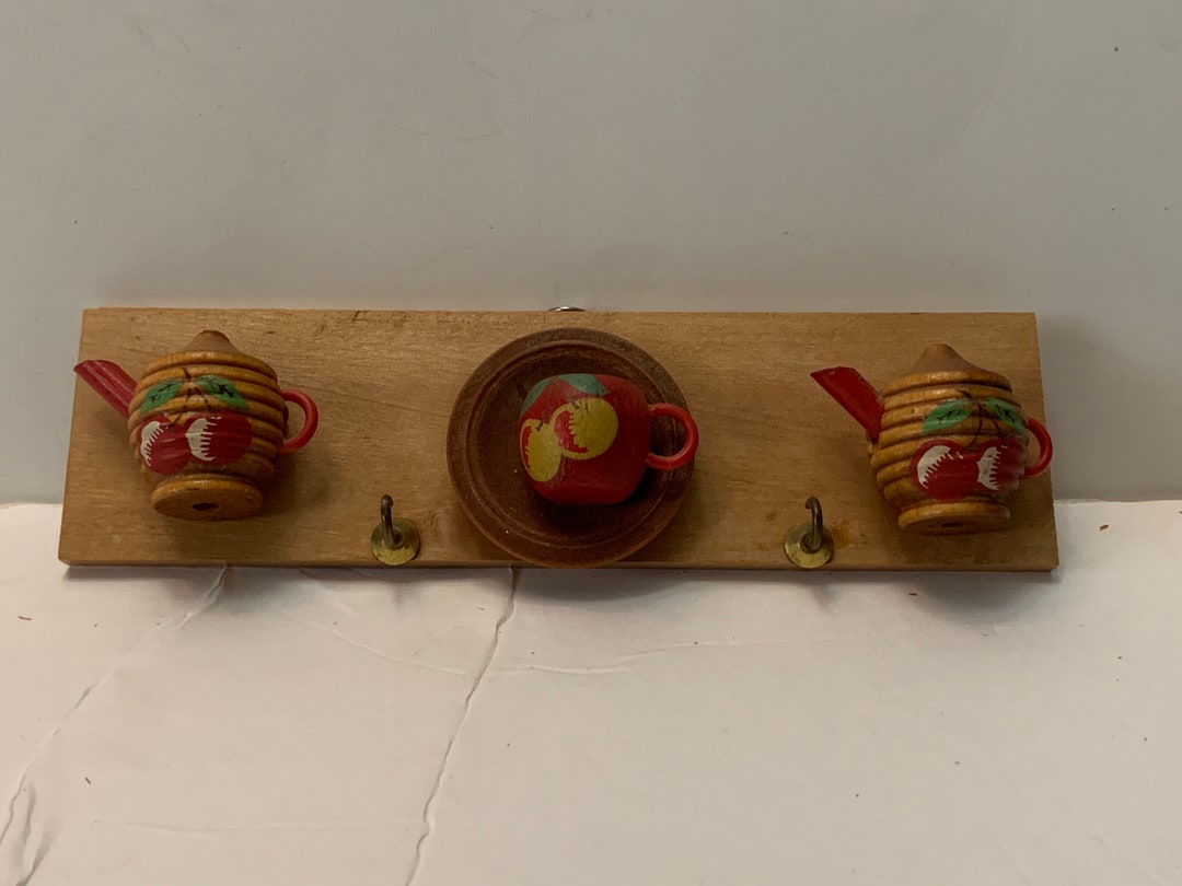 Vintage 40s 50s Wooden Cherry Tea Kitchen Key or Measuring Cup Hanger ...