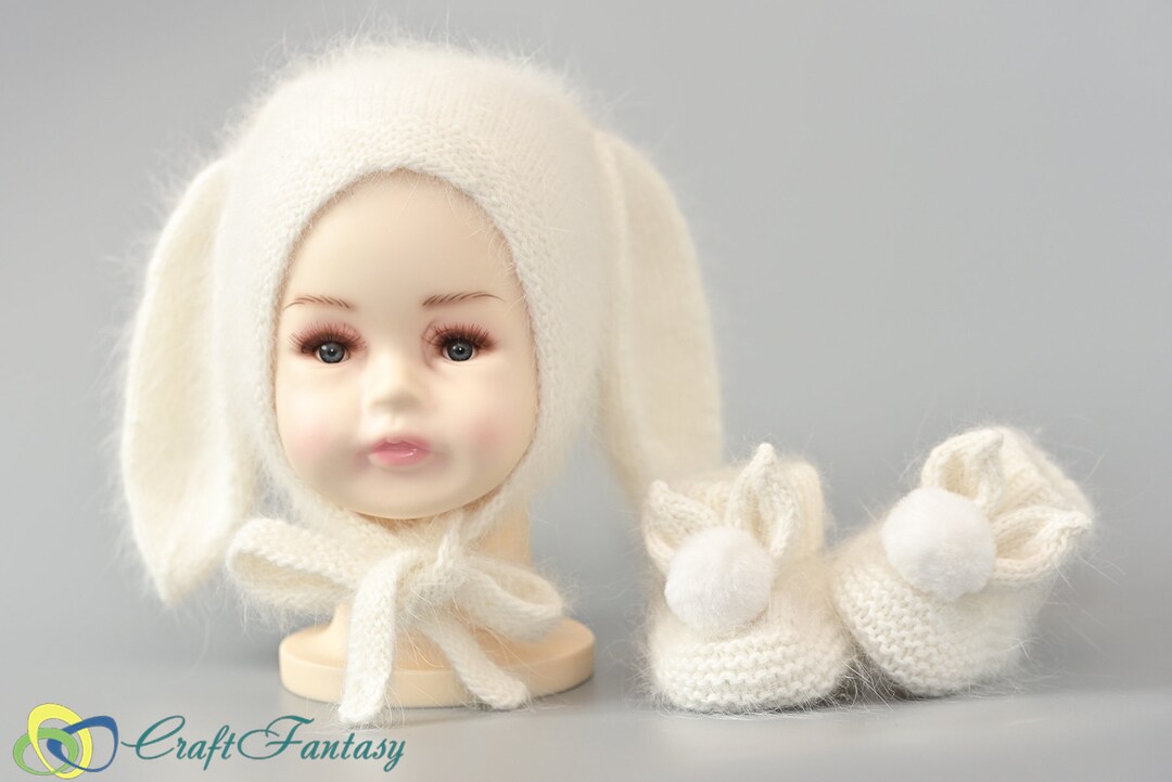 Hand Knitted Baby Angora Set Baby Bonnet Bunny Baby Booties Bunny With ...