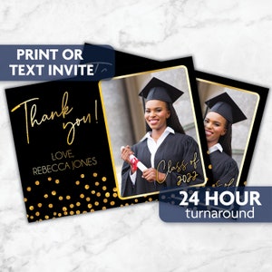 Graduation Thank You Card With Photo Black and Gold Class - Etsy