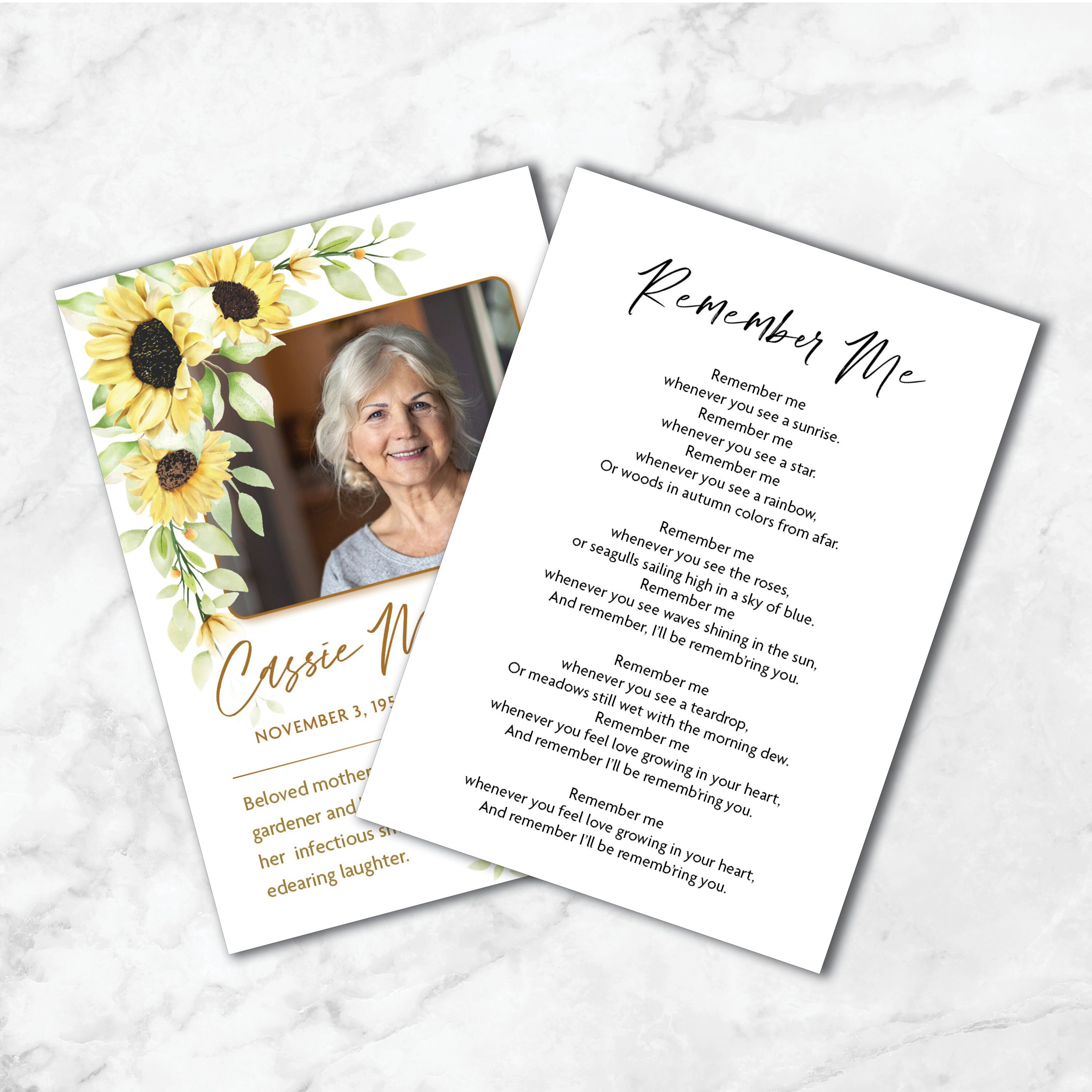 Memorial Poem Card | Sunflower | Celebration of Life | Prayer Card ...