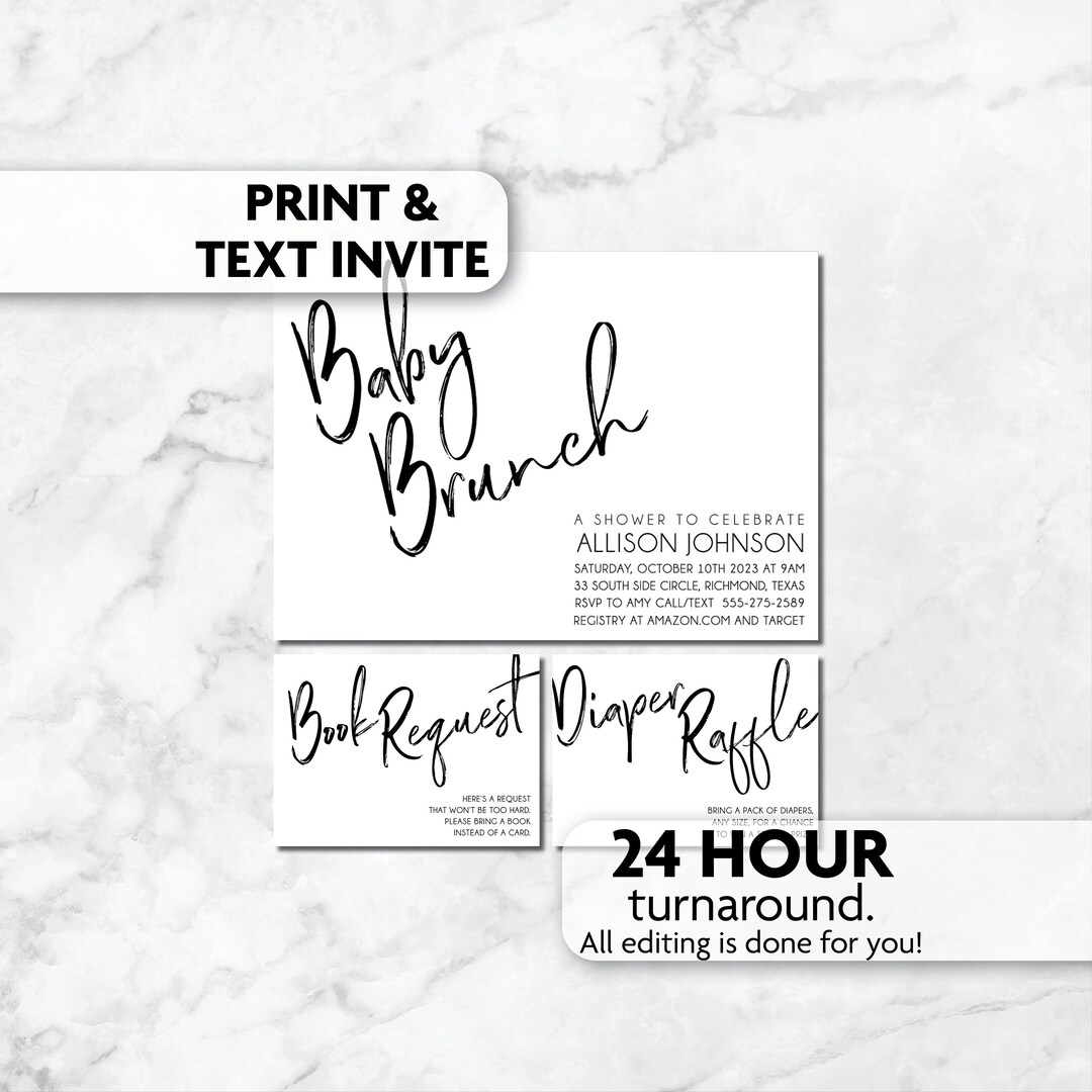 Baby Brunch Shower Invitation | Diaper Raffle | Book Card | Print, Text ...