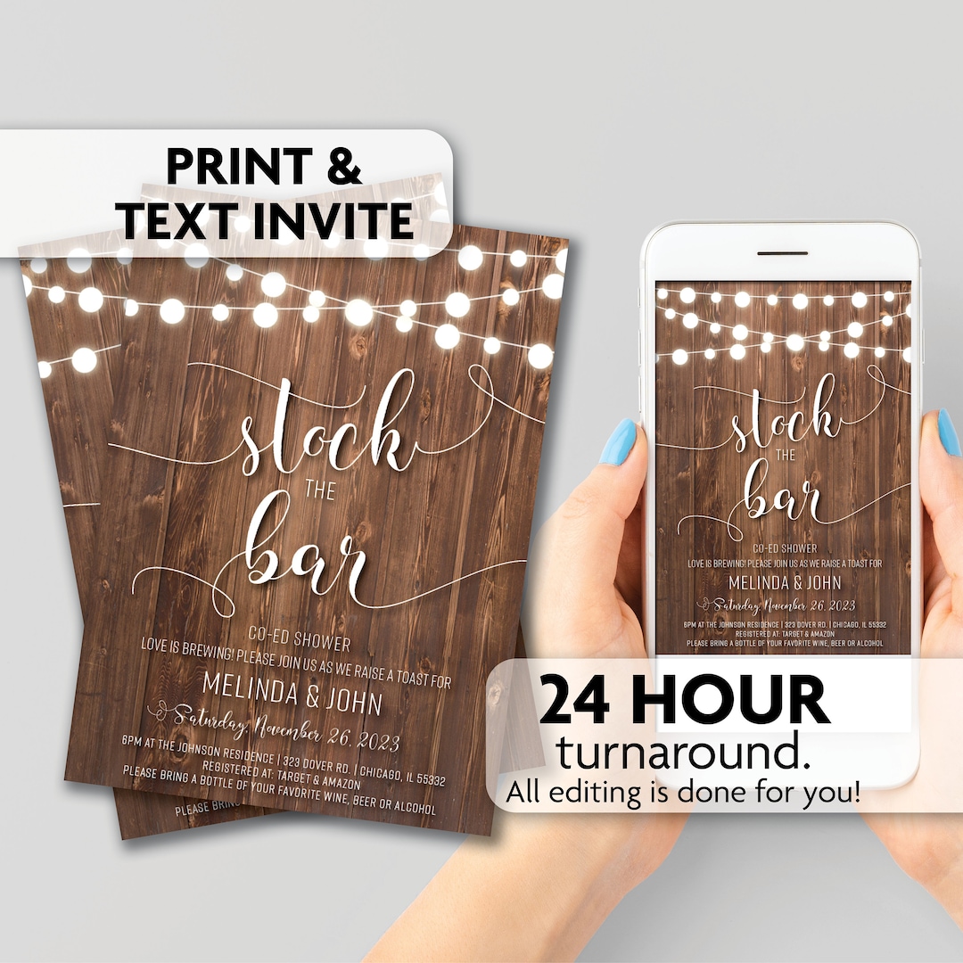 Rustic Stock the Bar Shower Invitation | String Lights | Print, Text or ...