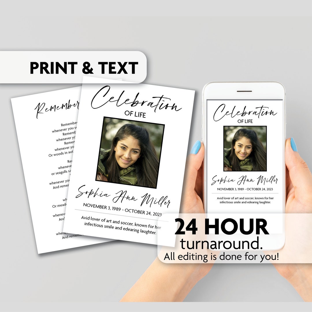 Memorial Poem Card | Celebration of Life | Prayer Card | Print, Text or ...