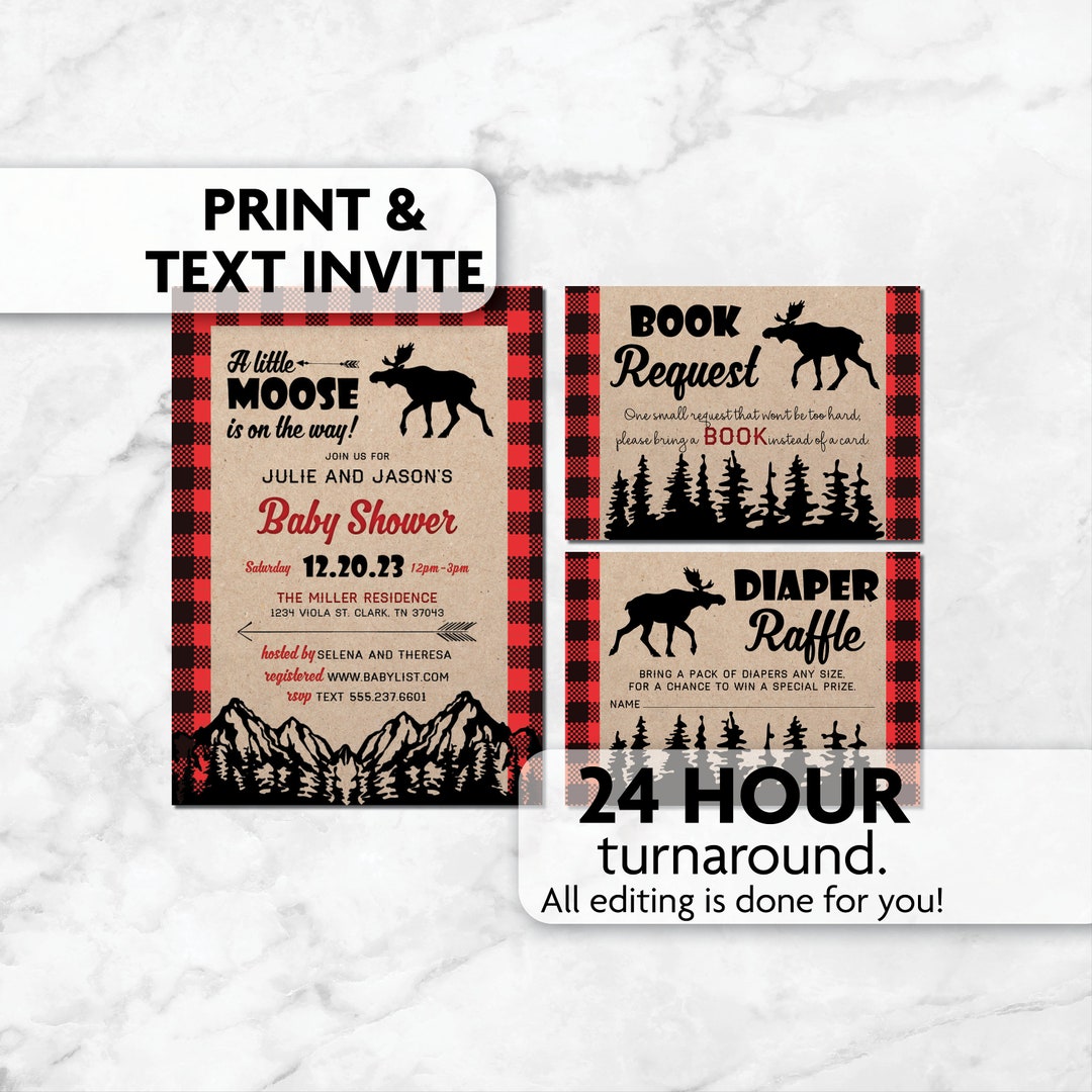 Moose Baby Shower Invitations | Diaper Raffle | Book Request | Print ...