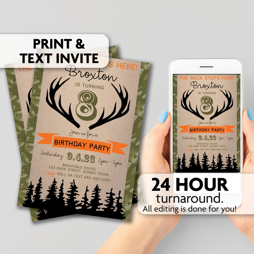 Hunting Birthday Invitation | Antler | Camo | ANY Age | Print, Text or ...